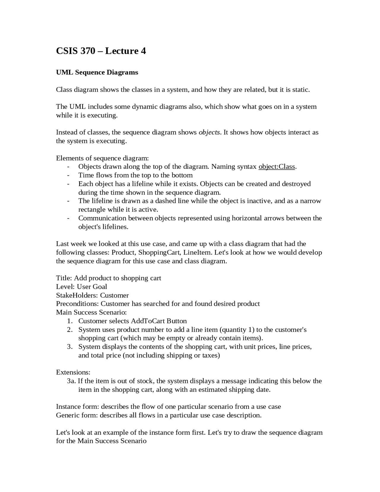 Uml Sequence Diagrams Lecture Notes Csis 360 Docsity