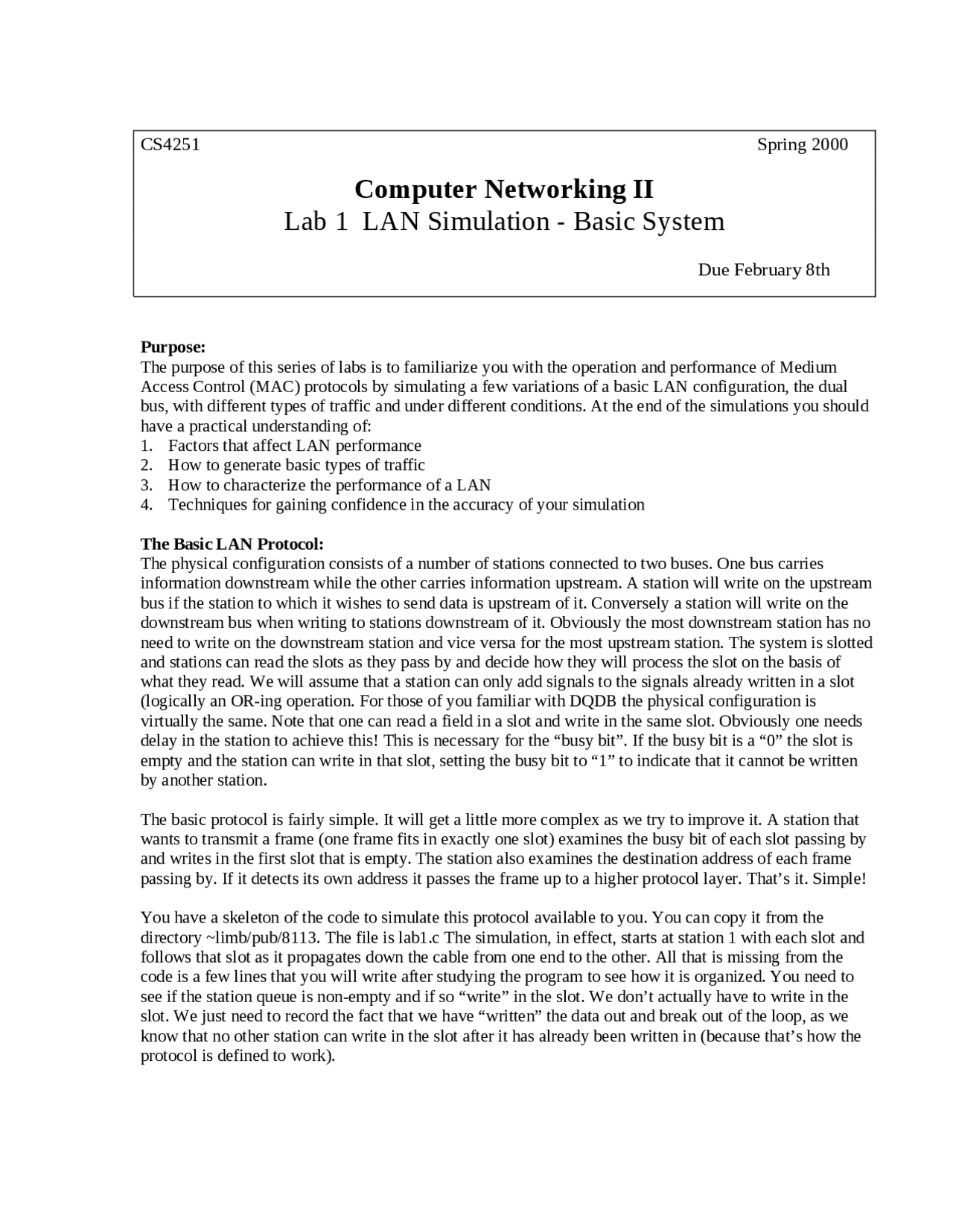 Lab 1 Lan Simulation - Basic System - Spring 2000 | CS 4251 - Docsity