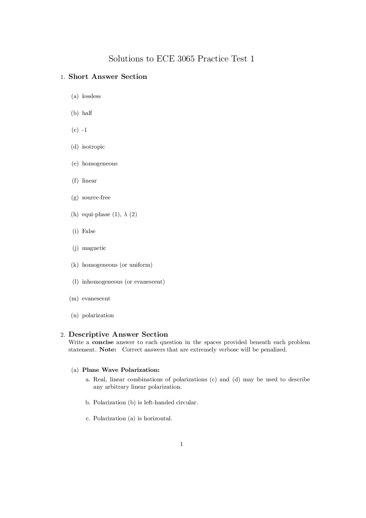 Practice Test 1 Solution Electromagnetic Applications Ece 3065