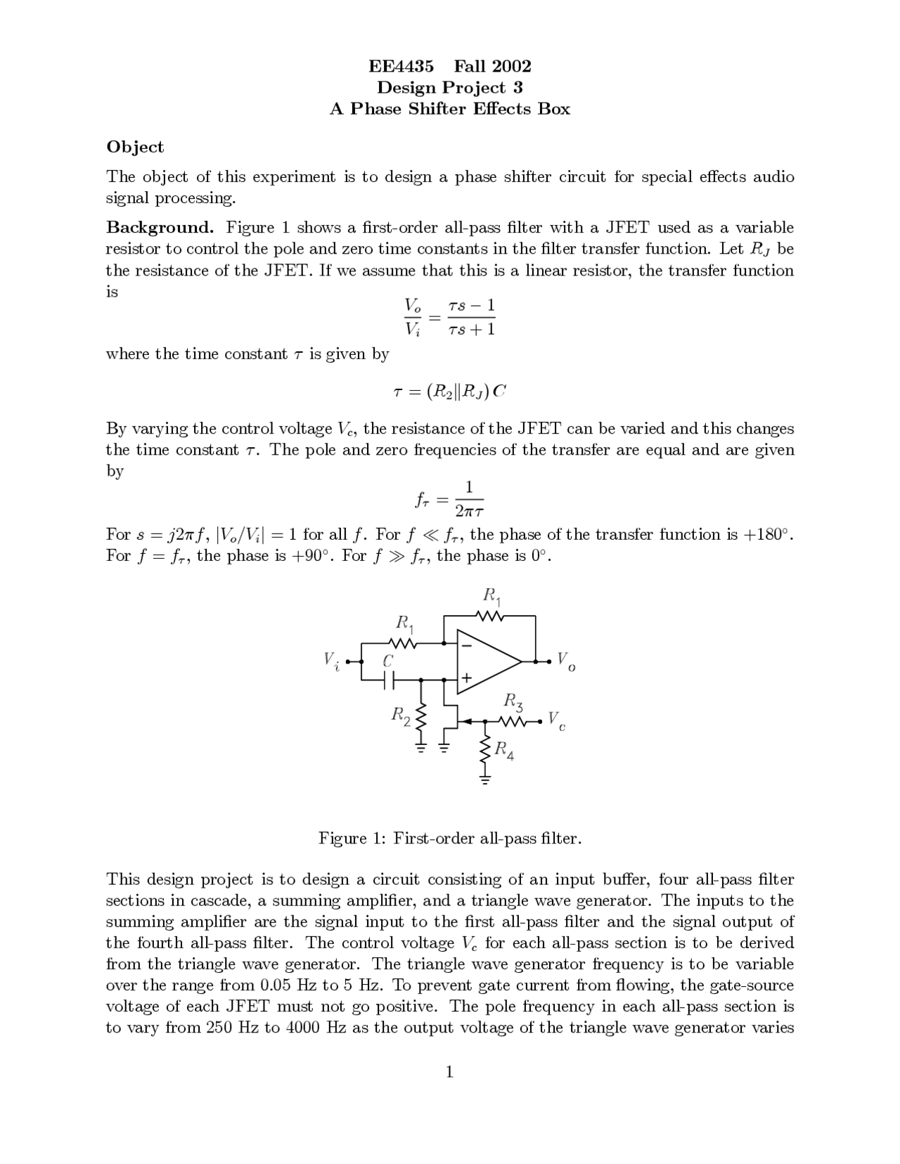 Design Project 3: Creating a Phase Shifter Effects Box for Special Audio Signal Processing ...