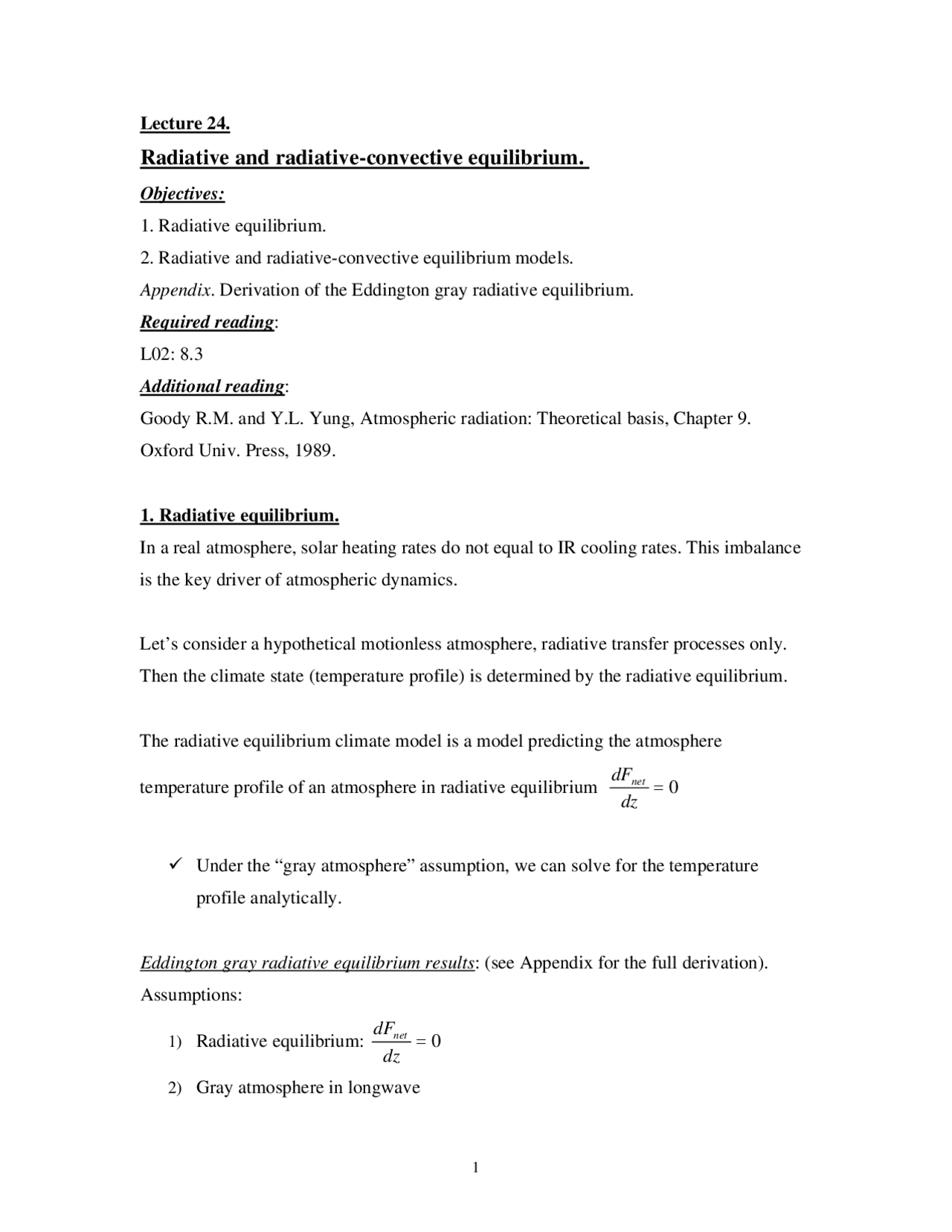 Radiative and Radiative-Convective Equilibrium - Lecture Notes | EAS ...