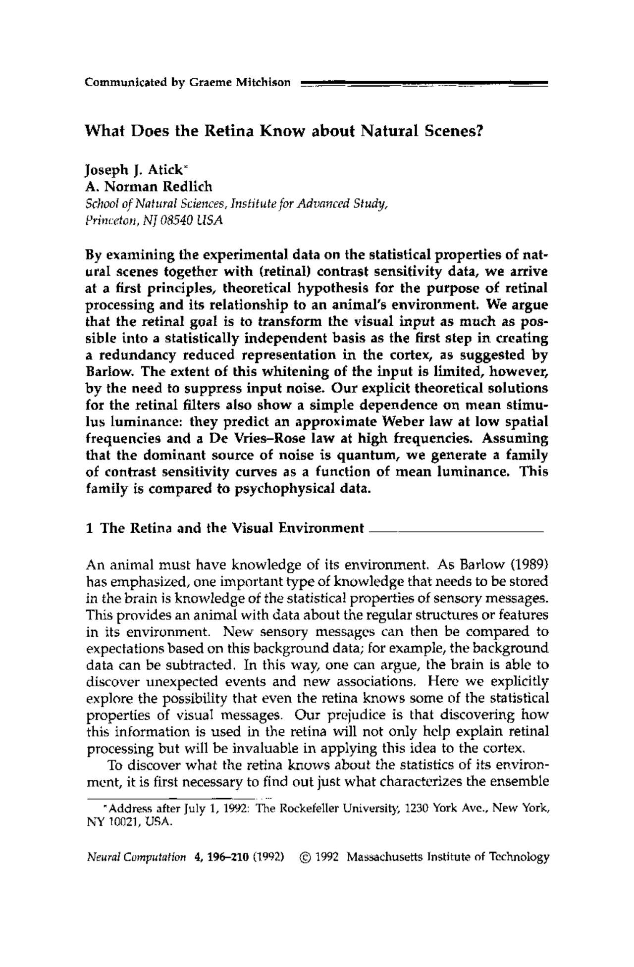 What Does the Retina Know about Natural Scenes? | ECE 8833 - Docsity