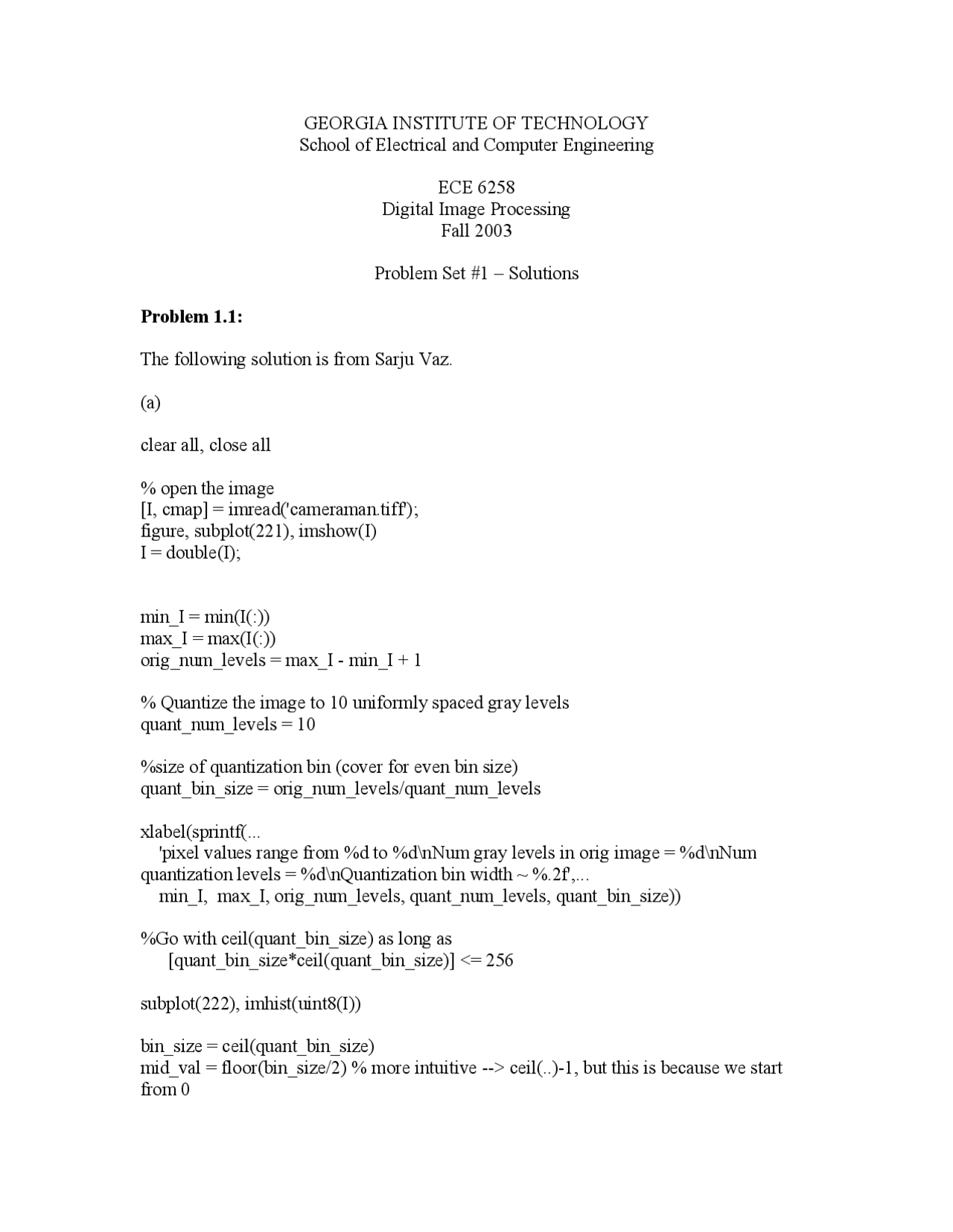 Digital Image Processing Problem Set 1 Solutions Ece 6258 Docsity