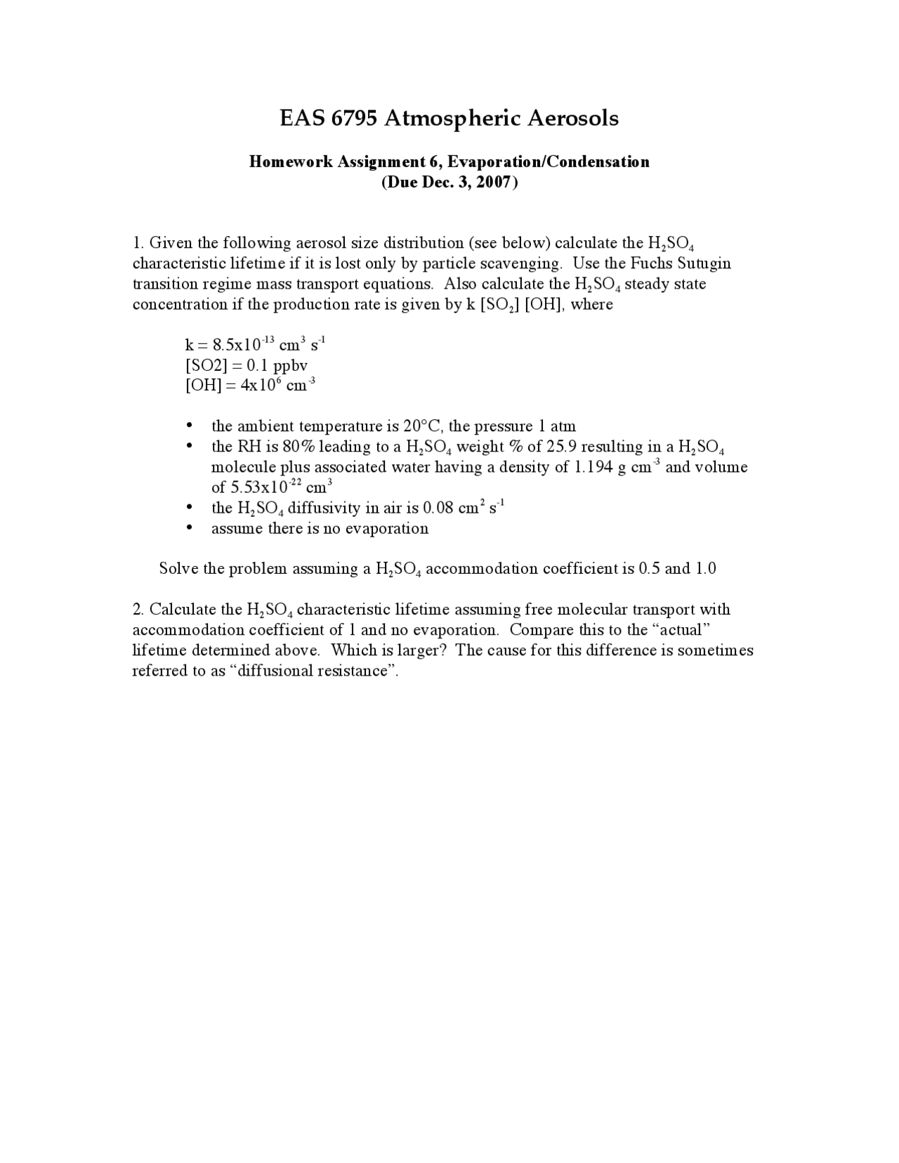 Homework 6 for Evaporation and Condensation - Atmospheric Aerosols ...