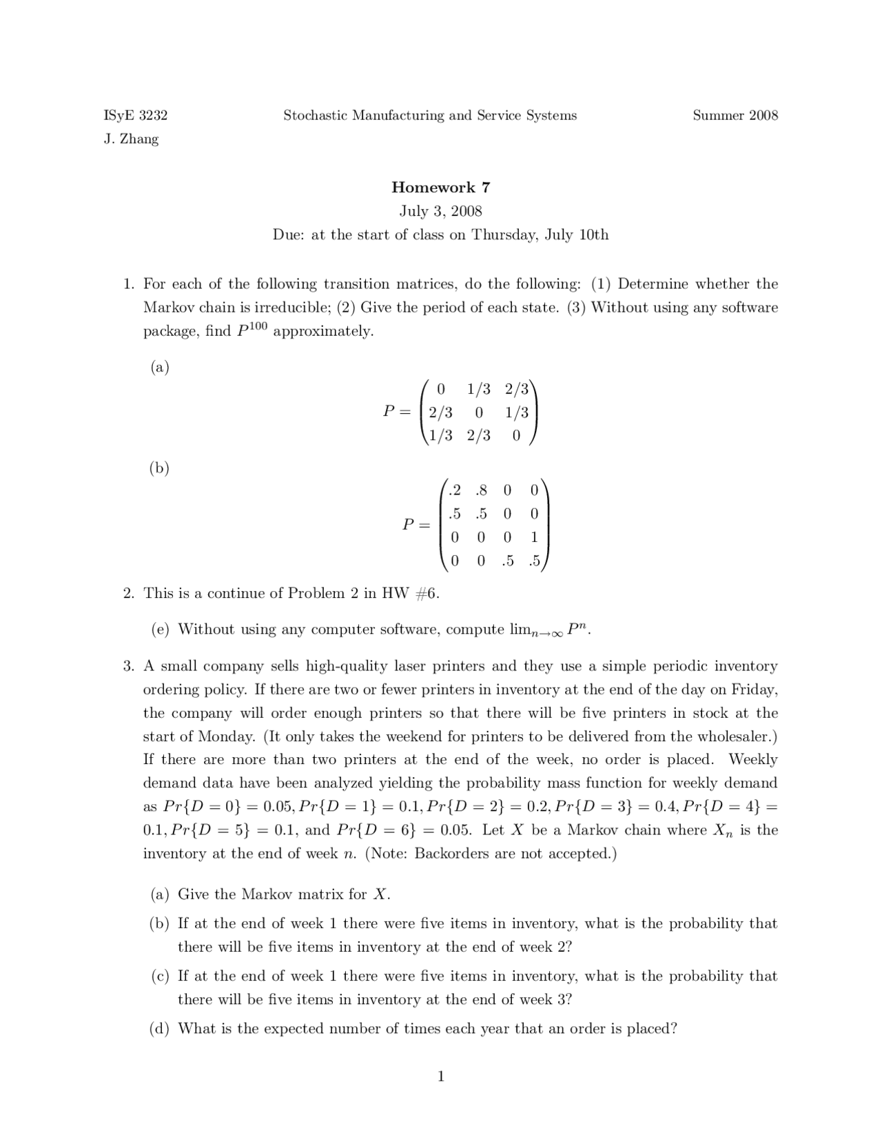 5 Problems On Stochastic Manufacturing Systems Assignment 7 Isye