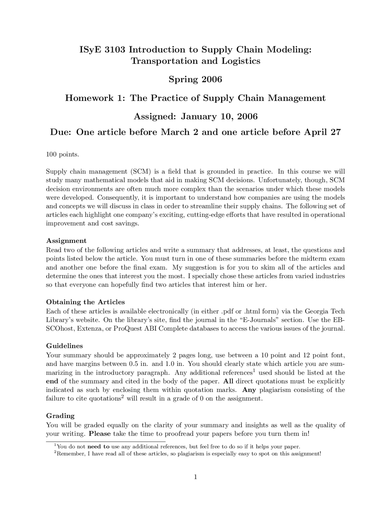 Homework 1 The Practice Of Supply Chain Management Isye 3103 Docsity