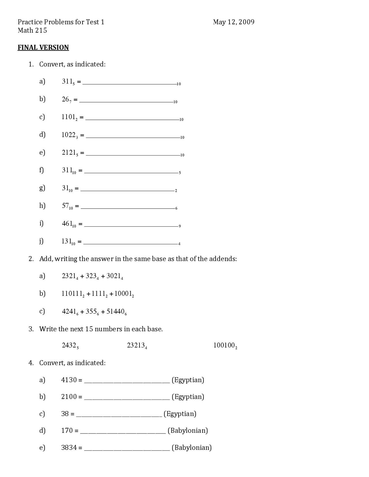 Practice Problems For Test 1 Mathematics Elementary School Teachers