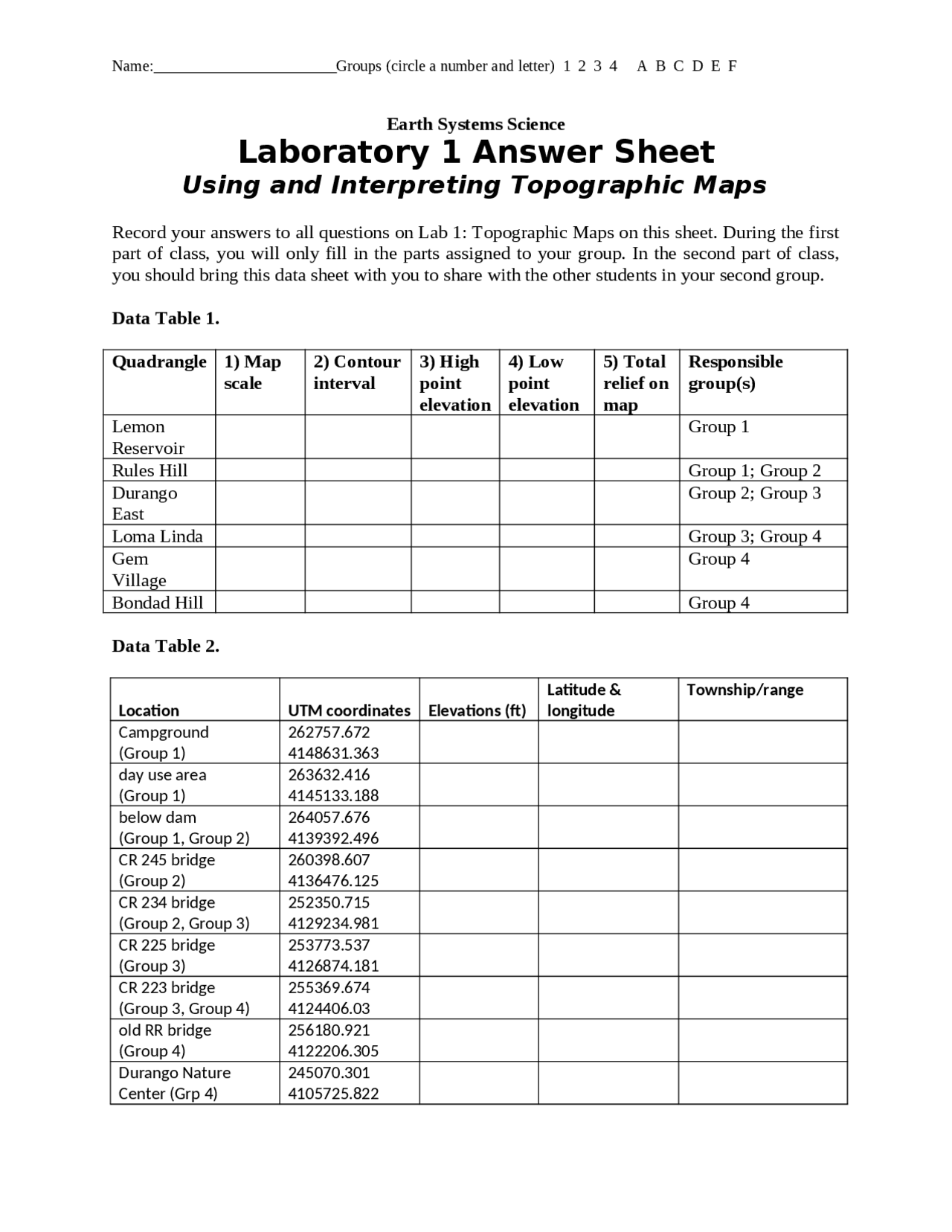 Laboratory 1 Answers Sheet Earth Systems Science Geol 107 Docsity