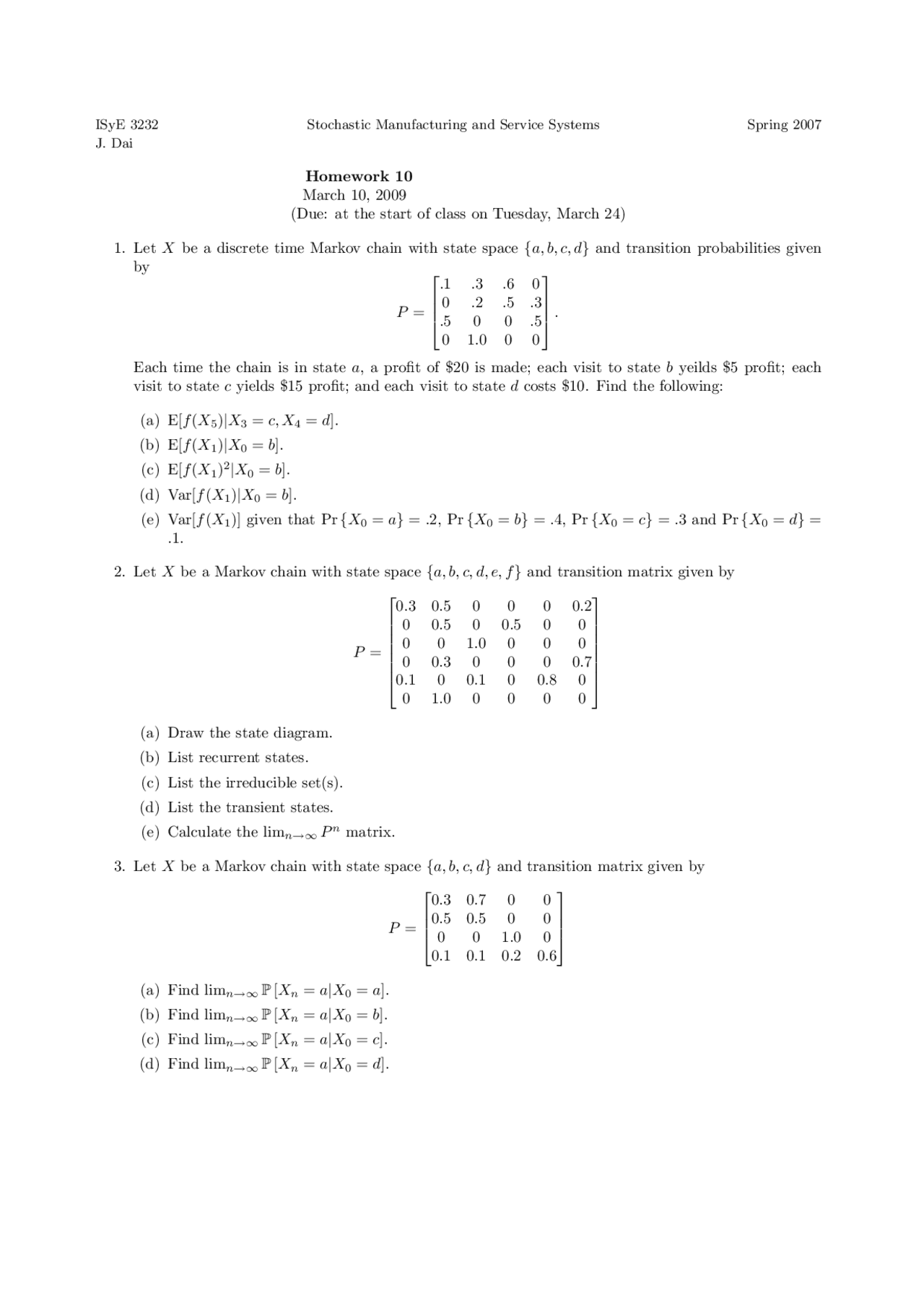 Homework 10 Stochastic Manufacturing And Service Systems Isye 3232