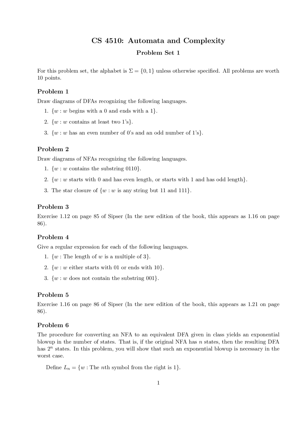 Problem Set 1 Automata And Complexity Cs 4510 Docsity