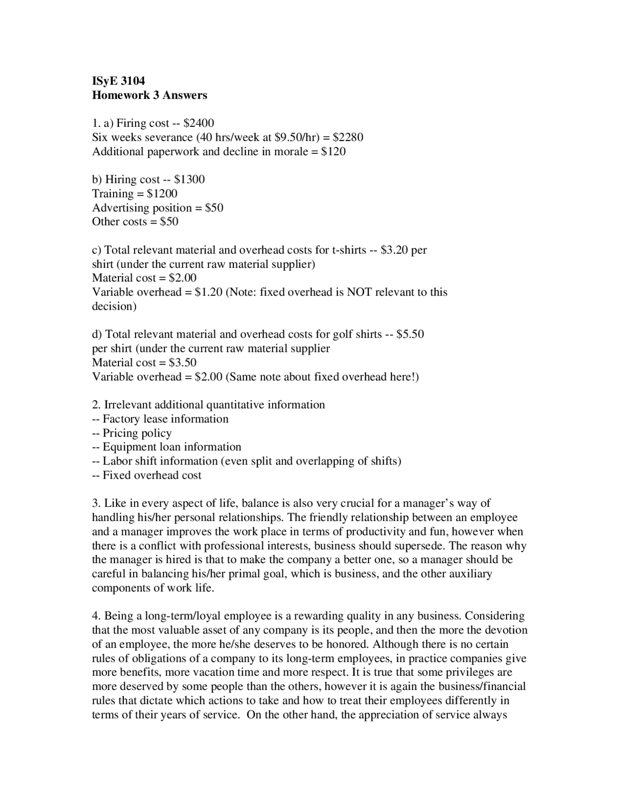Answers For Homework 3 On Supply Chain Model Manufacturing Isye 3104