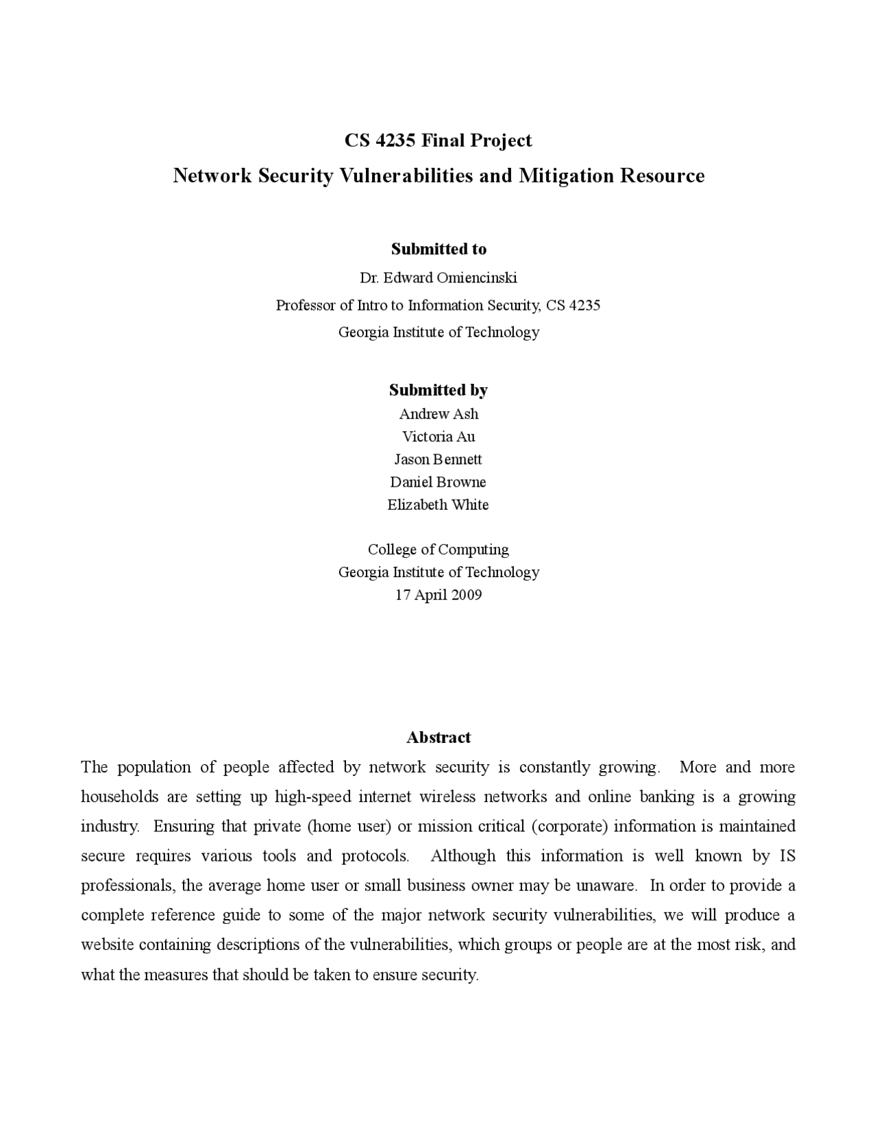 Network Security Vulnerabilities and Mitigation Resource - Final Project | CS 4235 - Docsity
