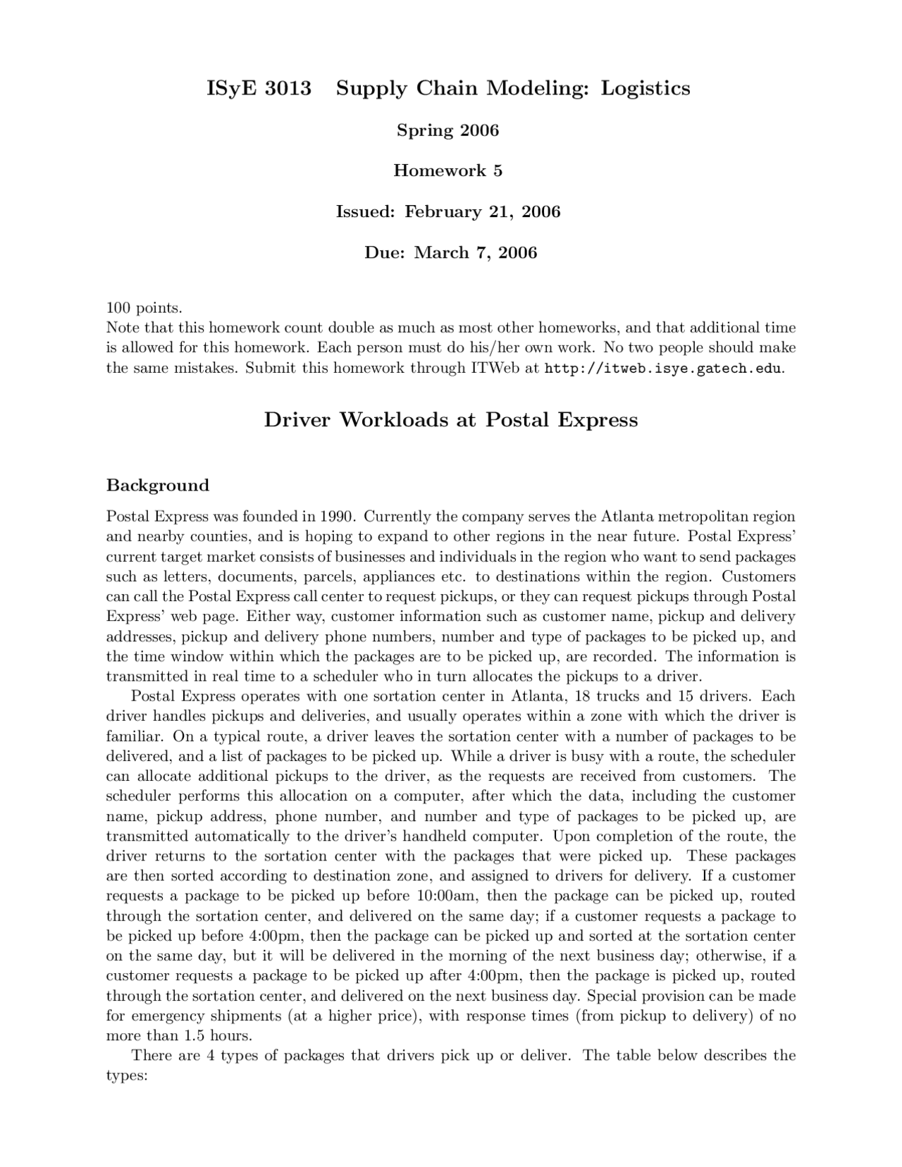 Postal Express Driver Workload Modeling and Scheduling | Assignments ...