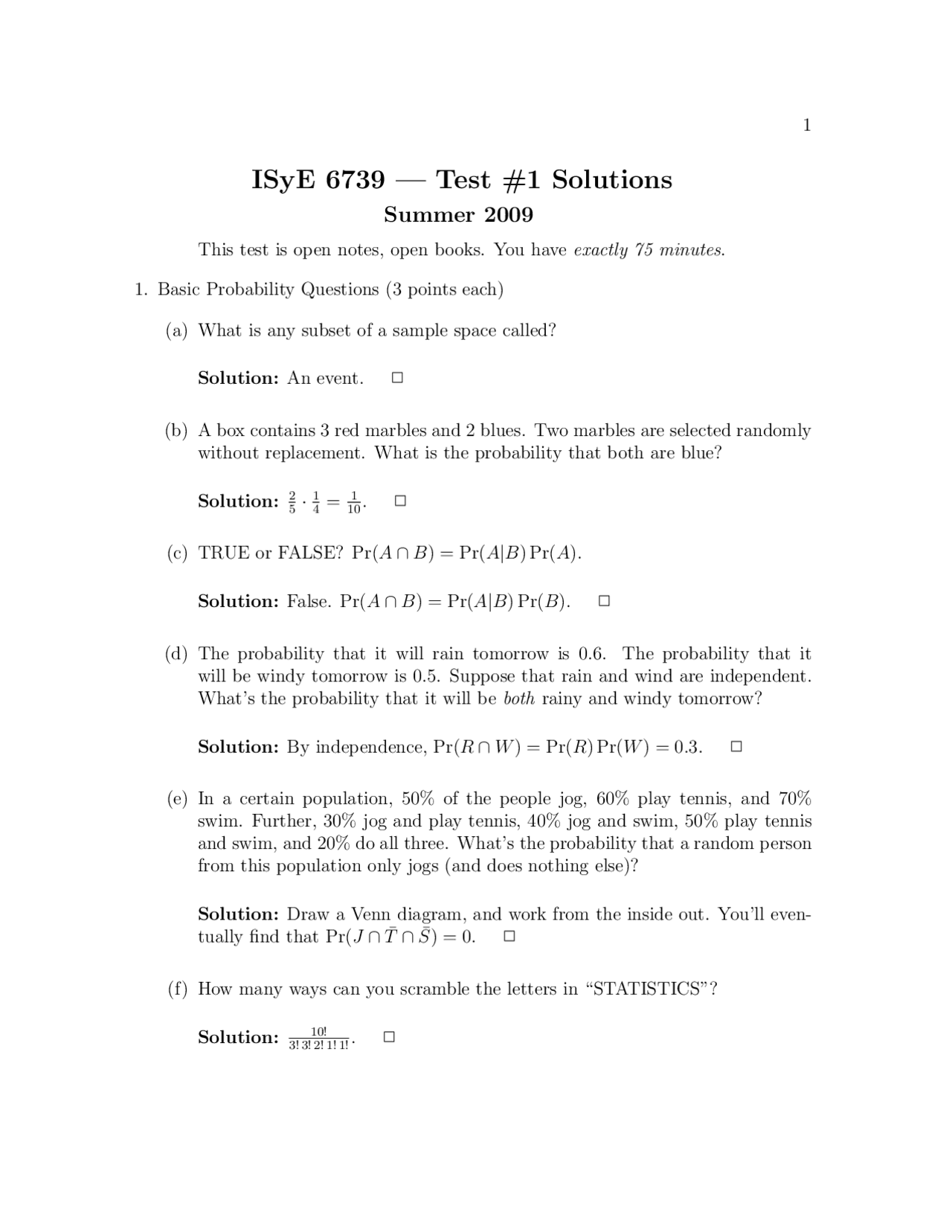 Test 1 With Solution Statistical Methods Isye 6739 Exams Data
