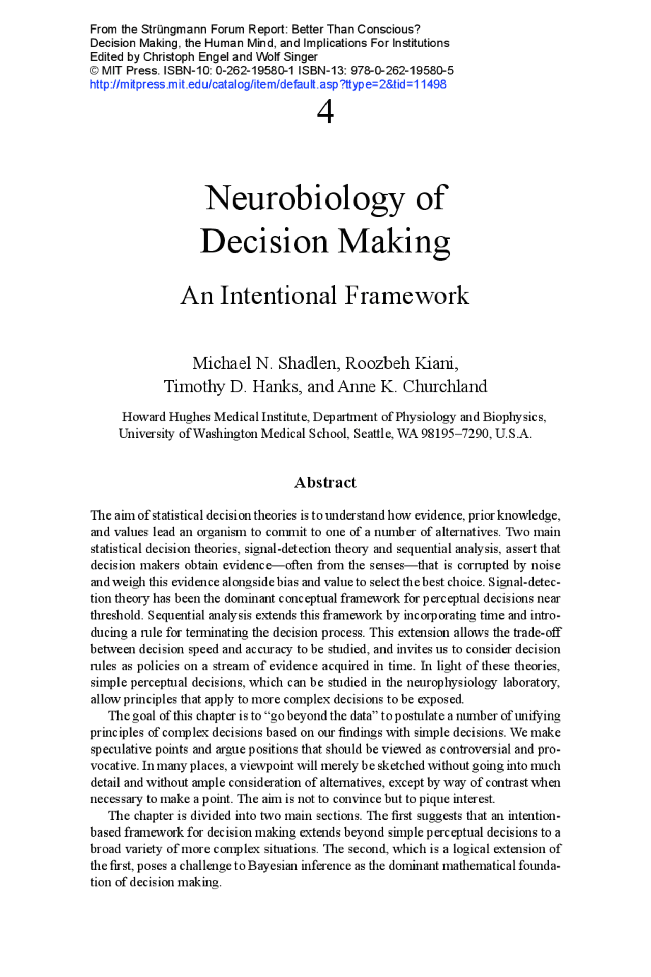 Neurobiology Of Decision Making An Intentional Framework Ece 8833 Docsity