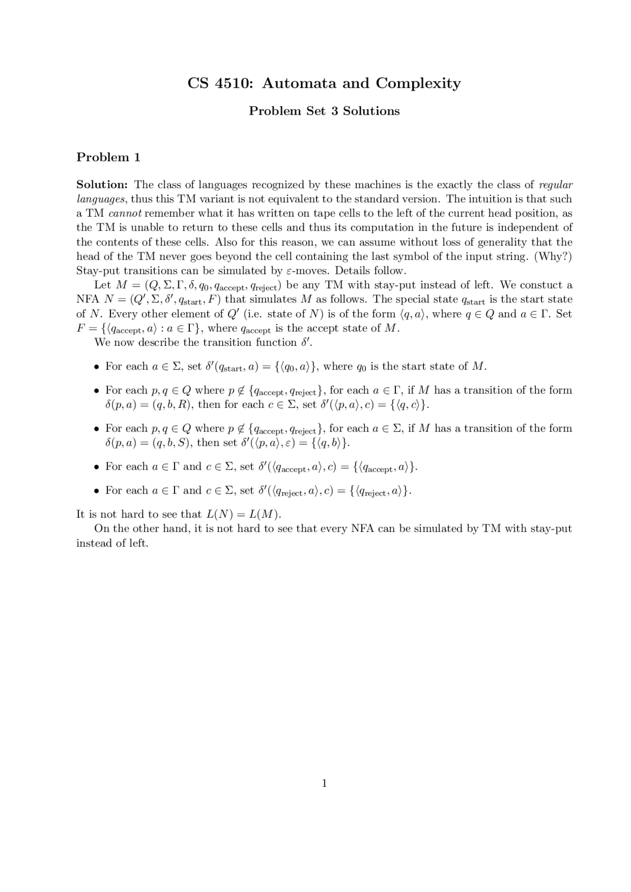 Solutions For Problem Set 3 Automata And Complexity Cs 4510 Docsity
