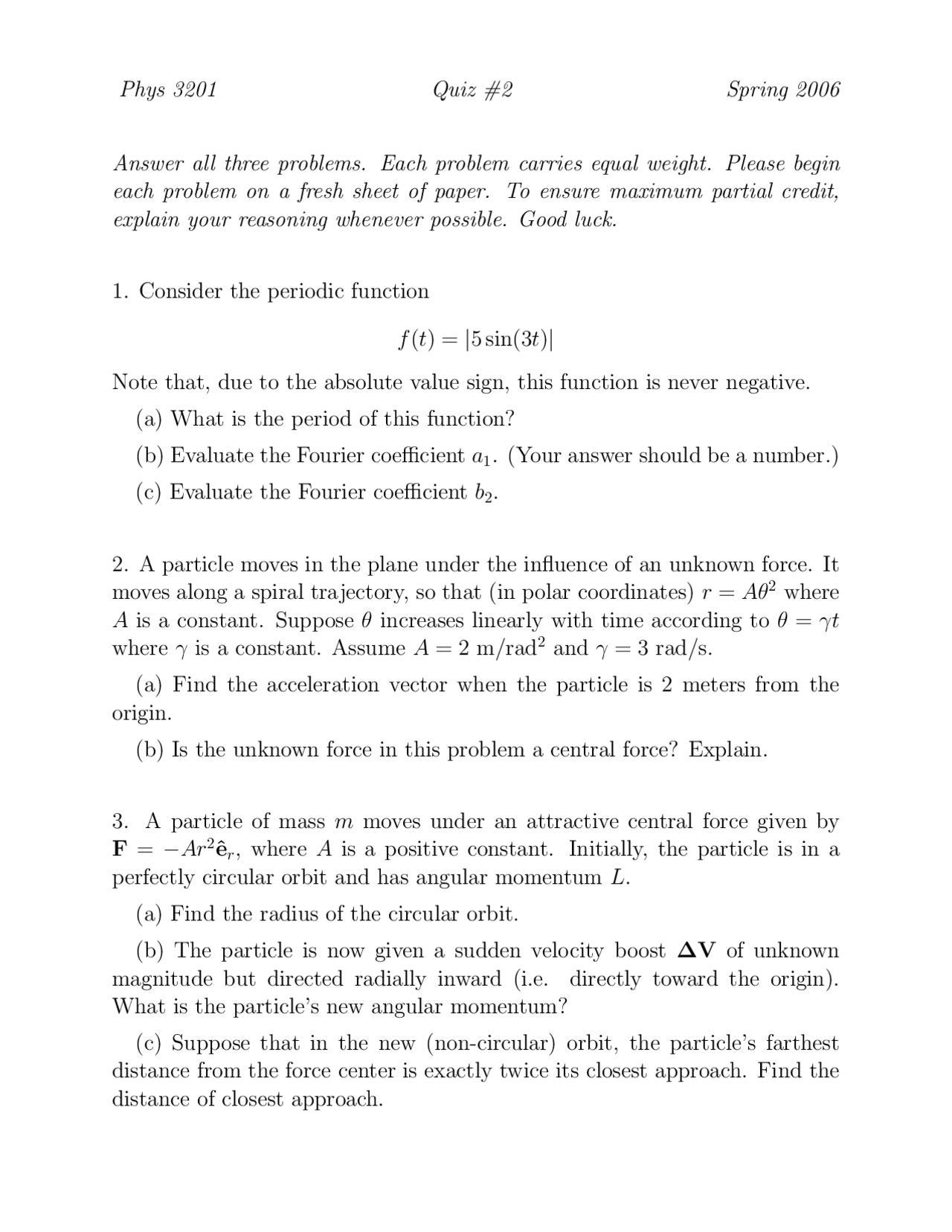 3 Problems Quiz 2 - Classical Mechanics I | PHYS 3201 - Docsity