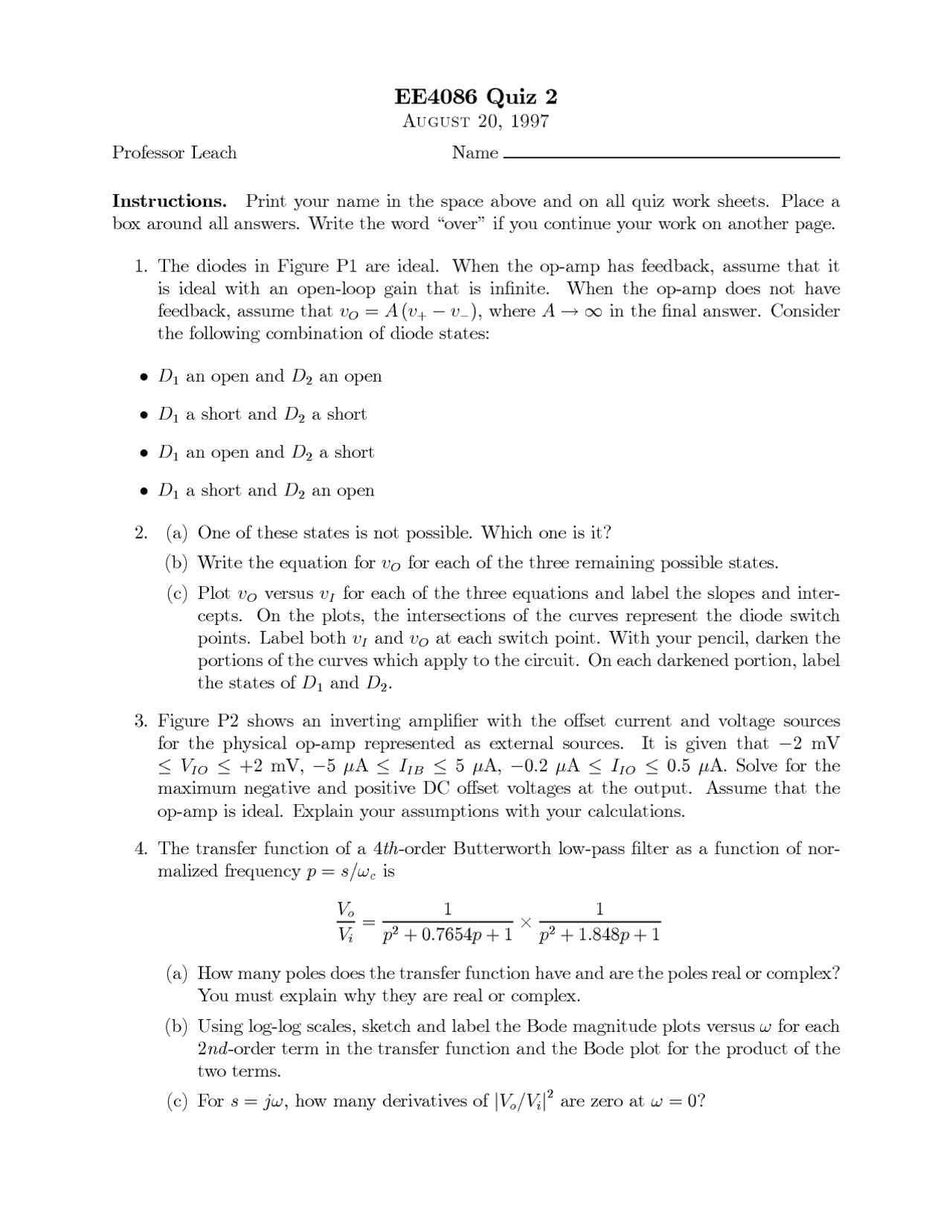 Quiz 2 5 Questions Of Operational Amplifier Design Fall 1997 Ece