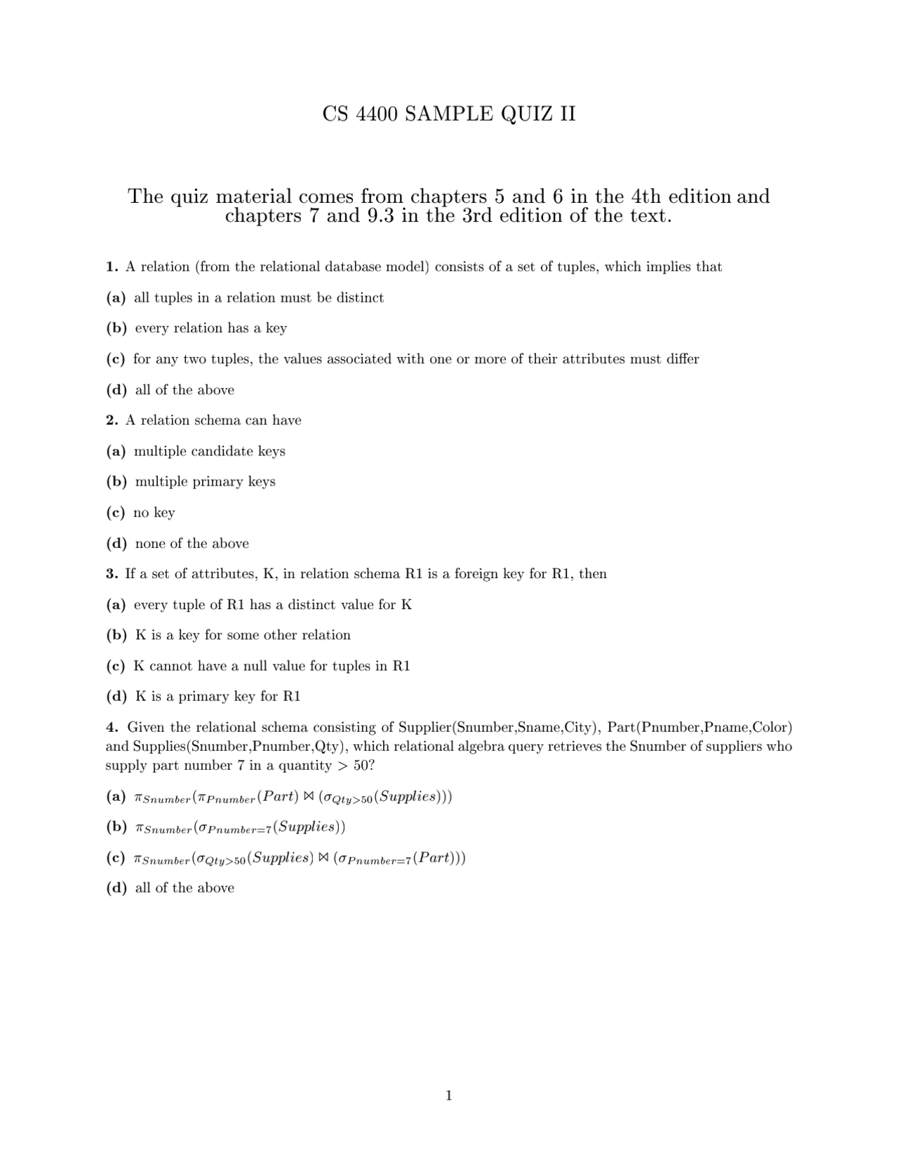 Quiz 2 Sample Questions Introduction To Database Systems Cs 4400 Docsity