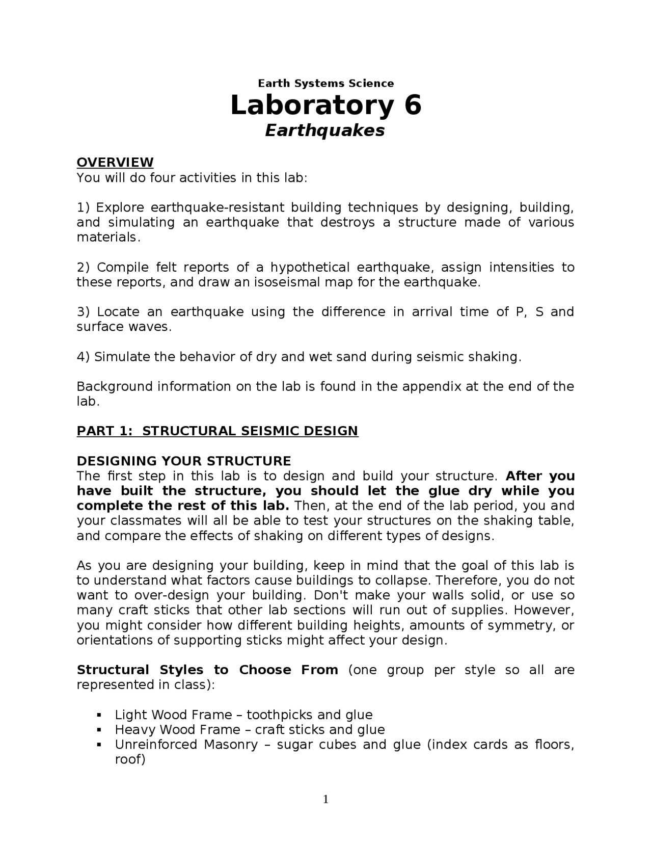 Laboratory 6 Earthquakes Earth Systems Science Geol 107 Docsity