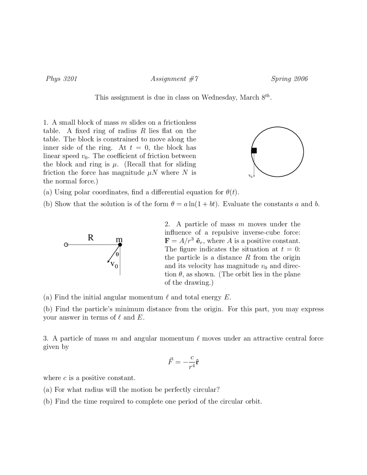 Classical Mechanics I - Assignment 7 Questions | PHYS 3201 - Docsity