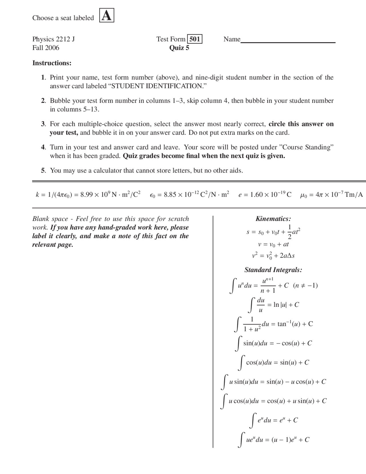 Quiz 5 with Answers | Introduction to Physics II | PHYS 2212 - Docsity