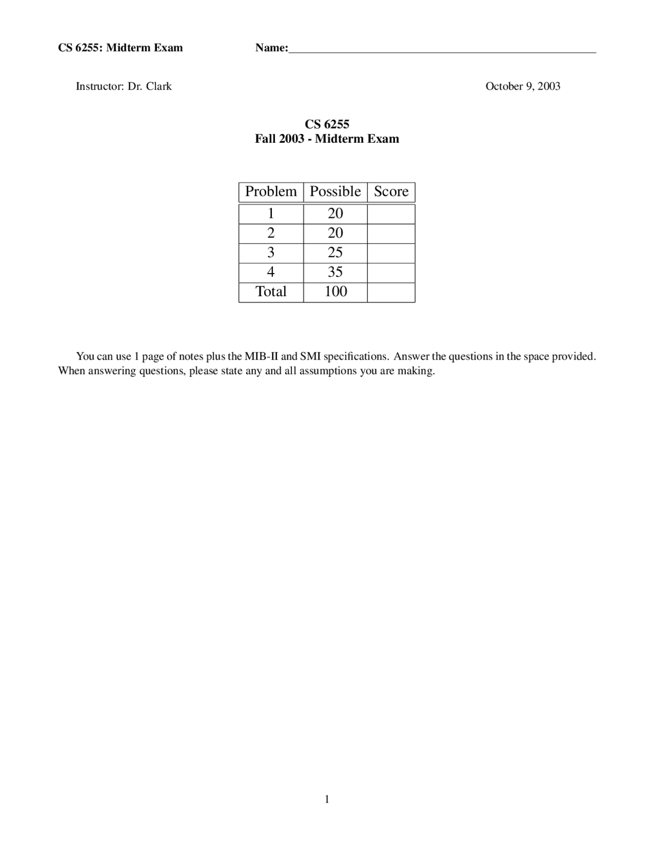 Network Management Midterm Exam Cs 6255 Docsity