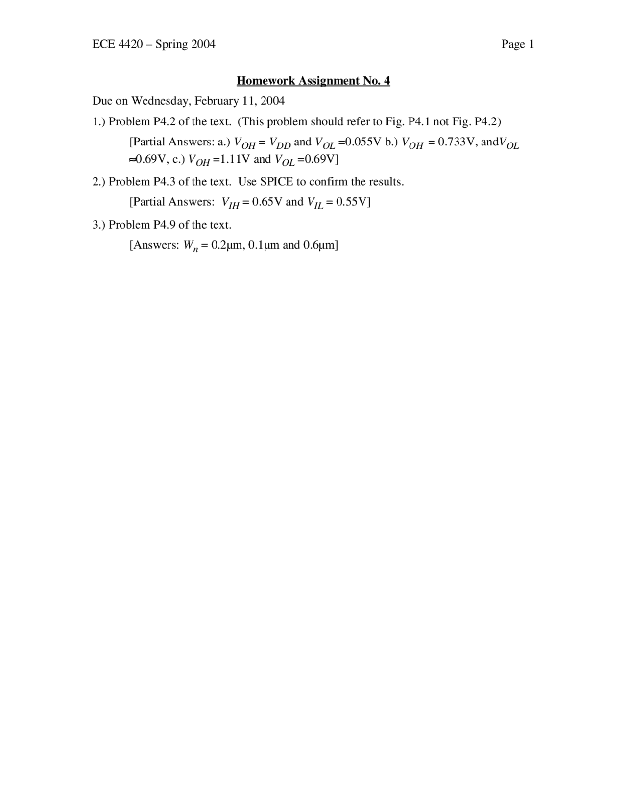 Digital Integrated Circuits Assignment 4 Spring 2004 Ece 4420