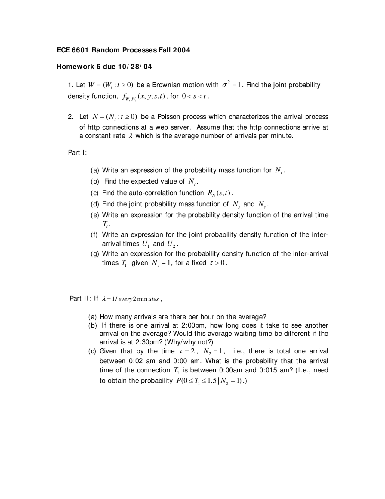 Homework 6 On Random Processes Fall 2004 Ece 6601 Docsity
