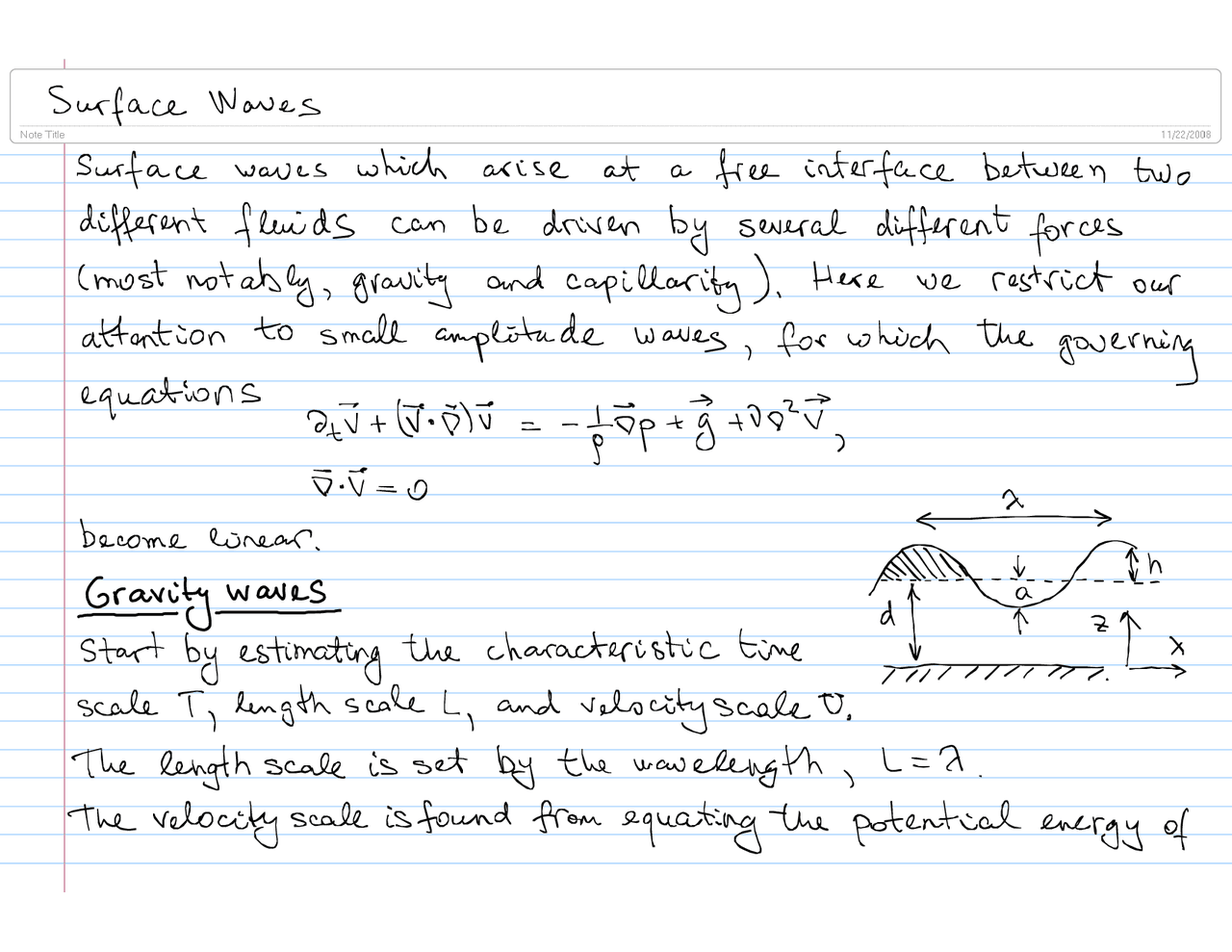 Handwritten Notes On Surface Waves Gravity Waves Deep Water Waves
