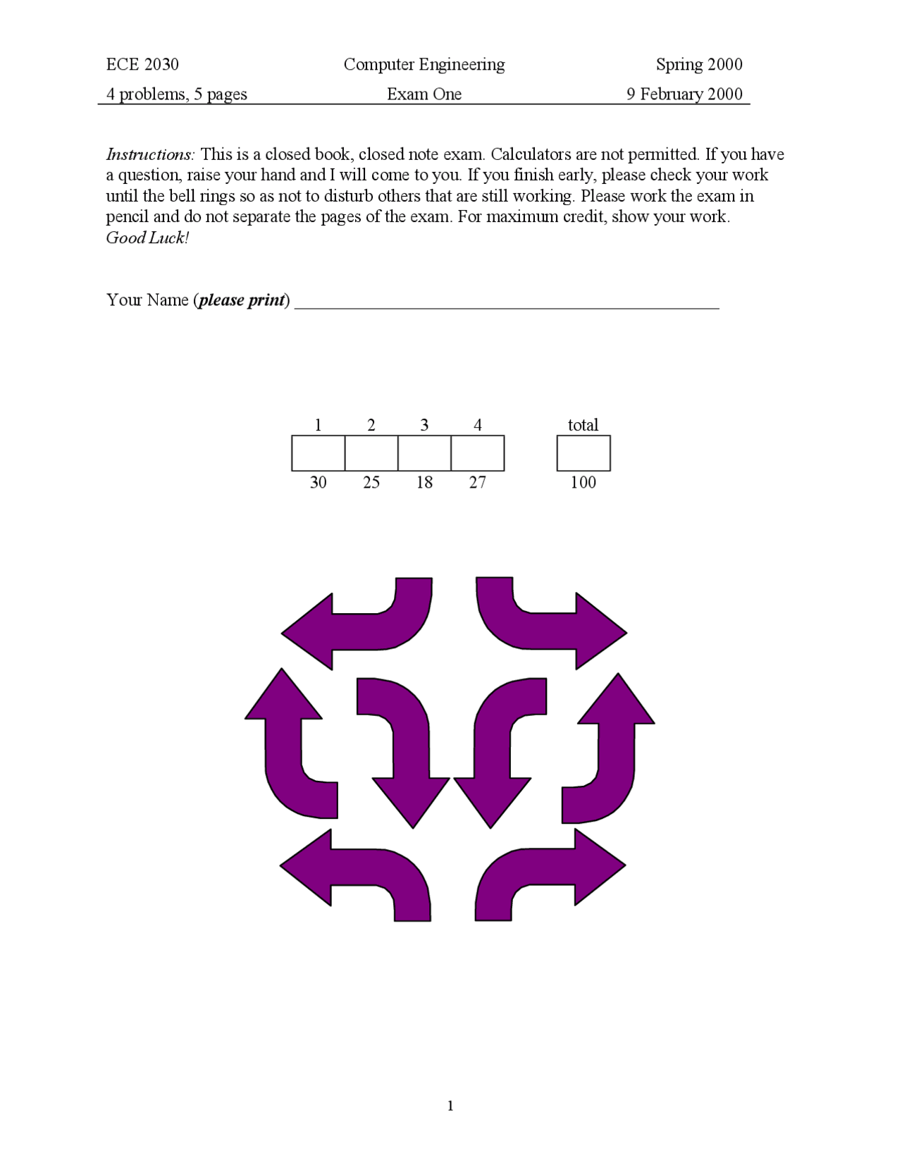 4 Problems for Exam 1 - Introduction to Computer Engineering | ECE 2030 ...