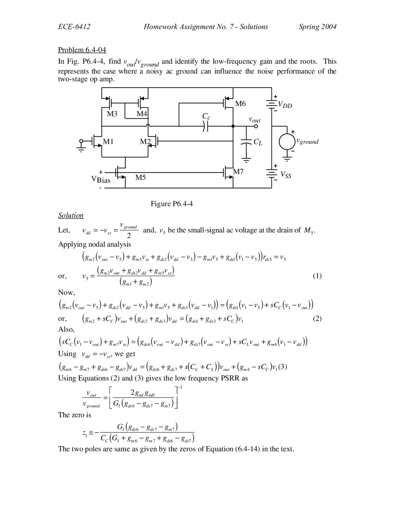 Solutions For Assignment 7 Analog Integrated Circuit Design Spring