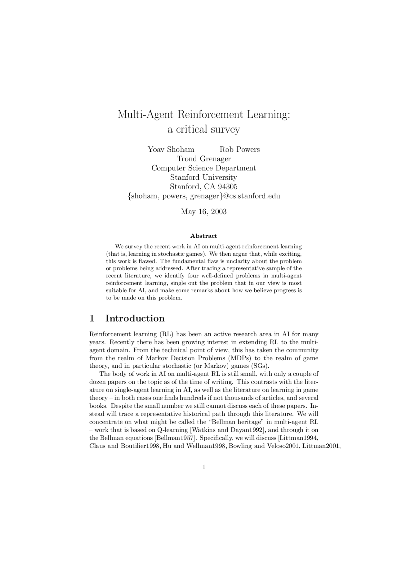 Multi agent Reinforcement Learning - A Critical Survey | CS 7641 - Docsity