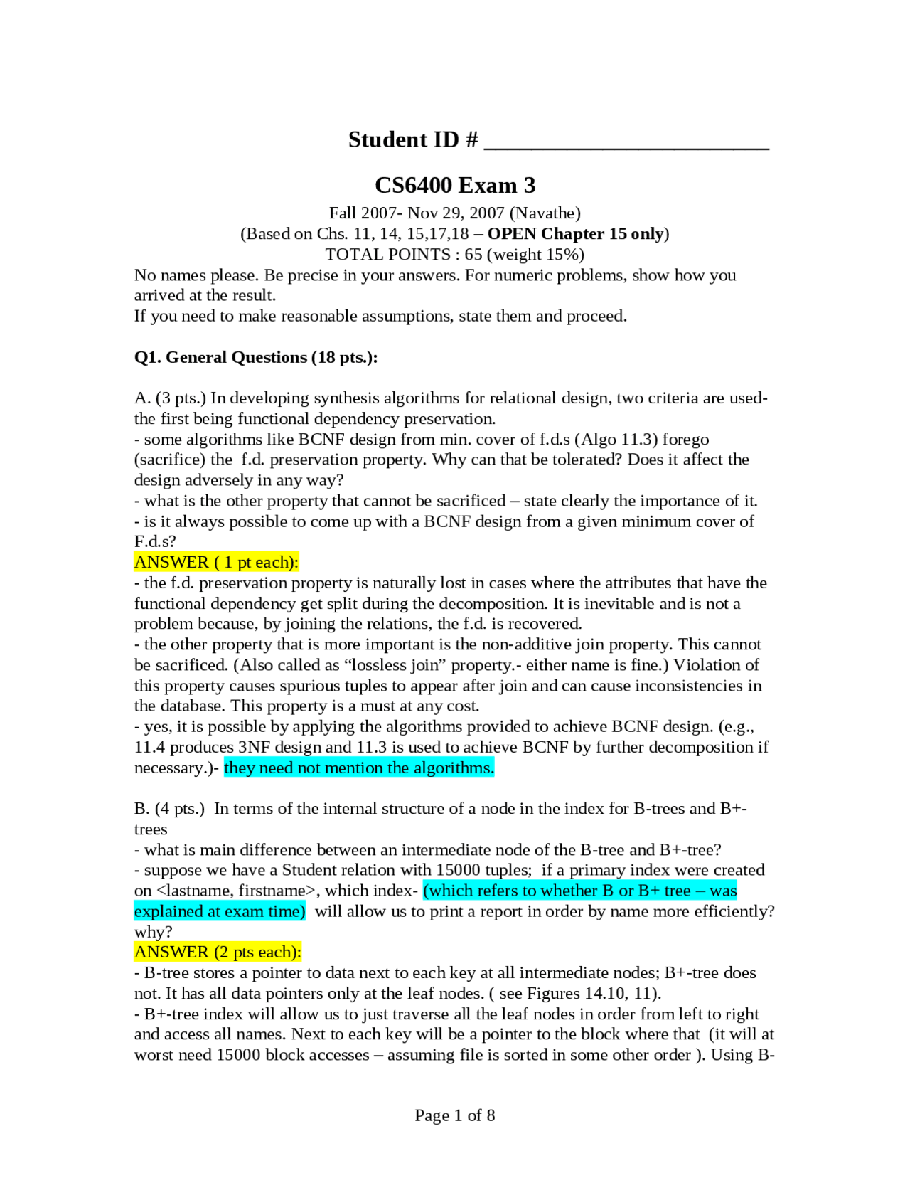 Exam 3 With Answers Database Systems Concepts And Design Cs 6400