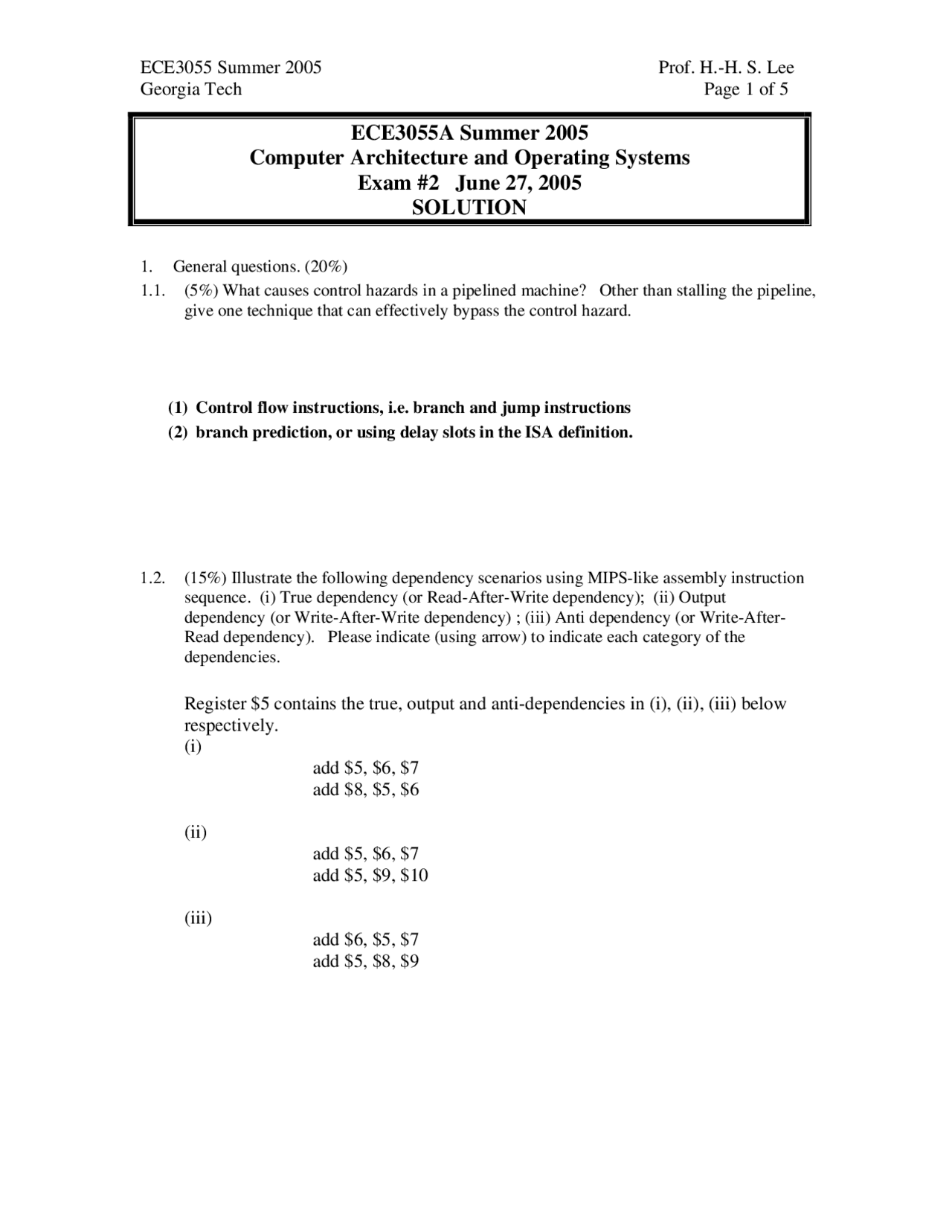 Exam 2 Solutions For Computer Architecture And Operating System Ece 3055 Docsity