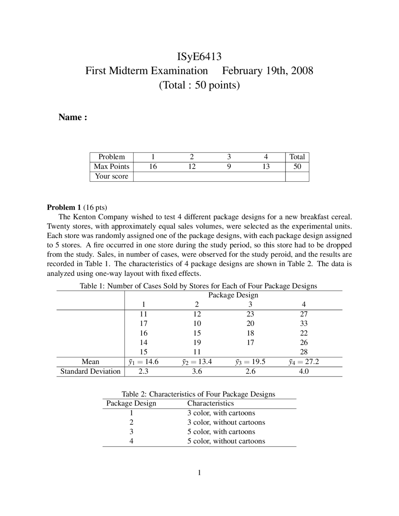 First Midterm Examination Solved Design And Analytical Experiments