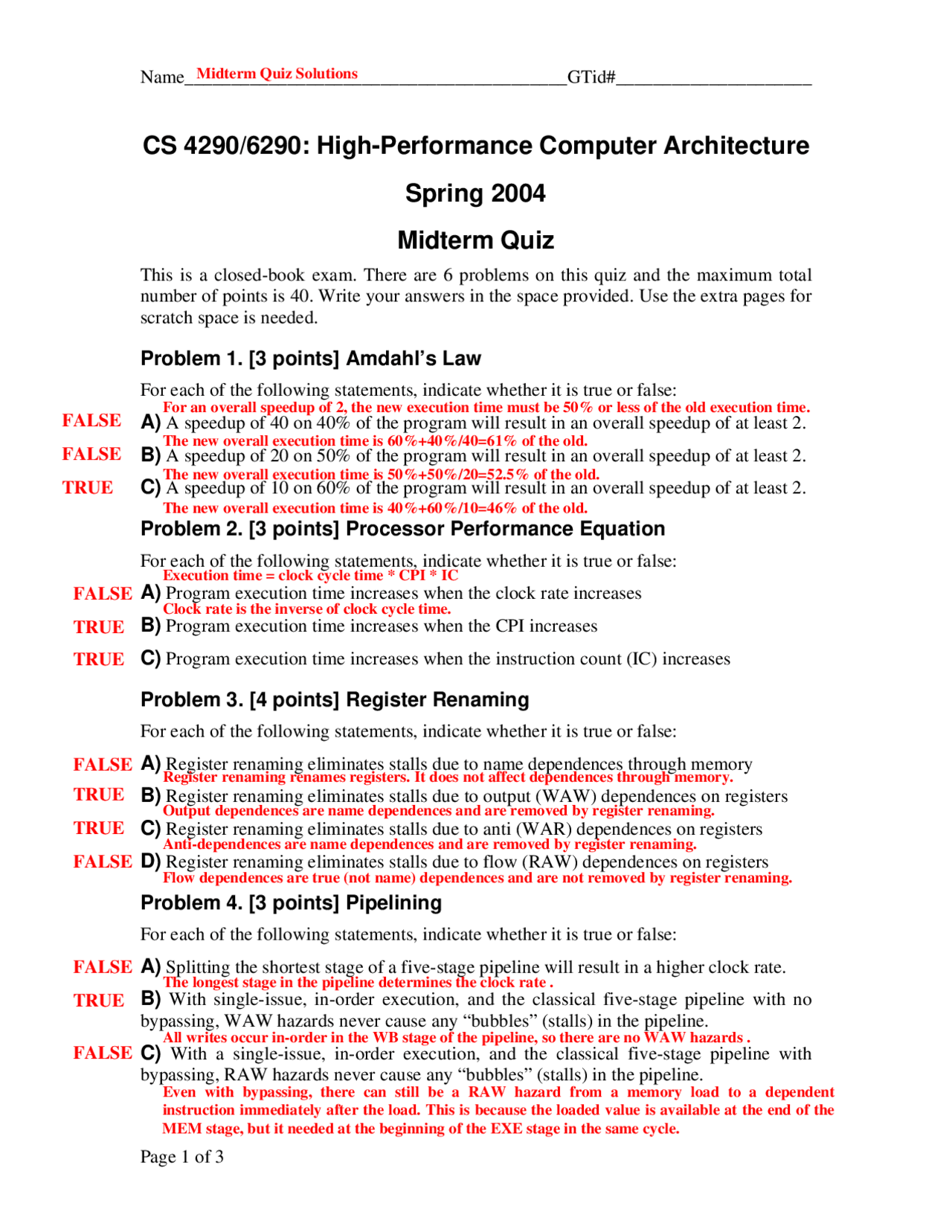 Midterm Quiz Solution For Advanced Computer Organization Cs 4290