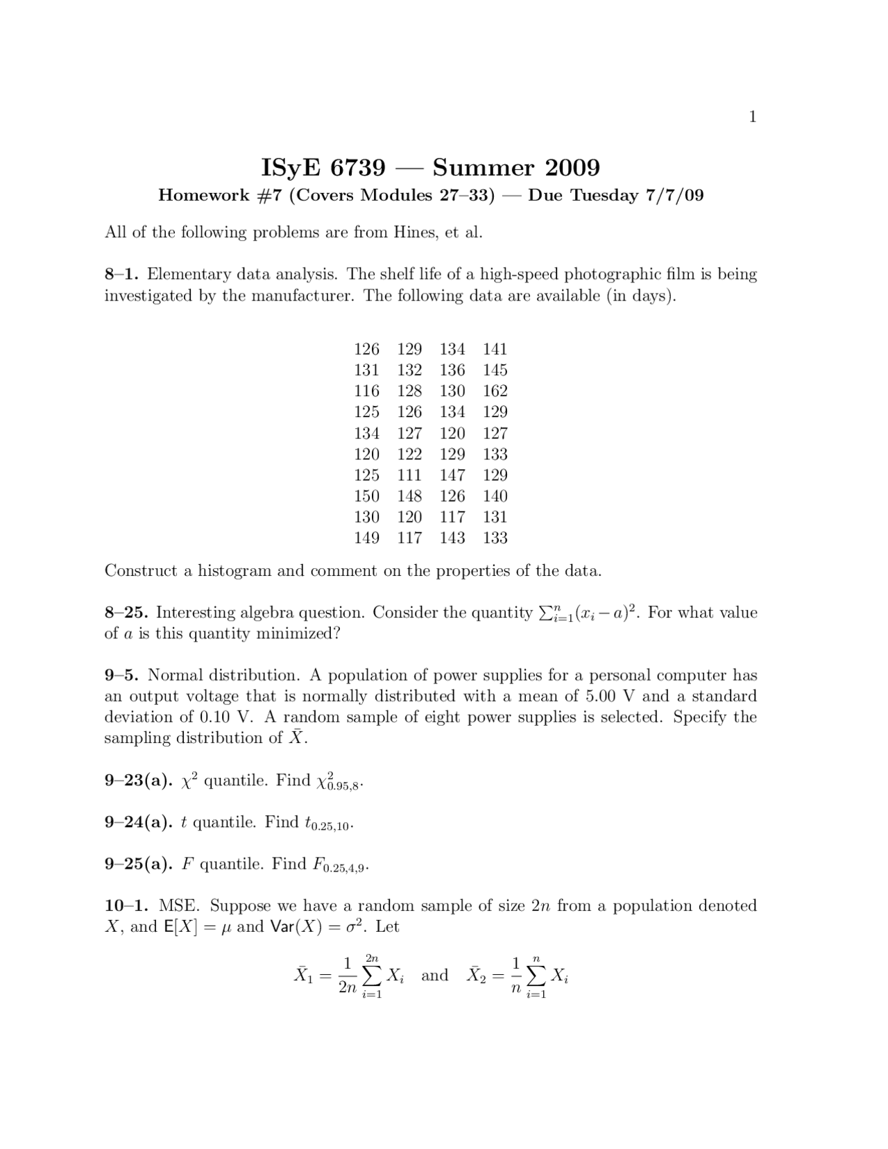 Homework Solutions for ISyE 6739 - Summer 2009 (Modules 27-33) | Assignments Data Analysis ...