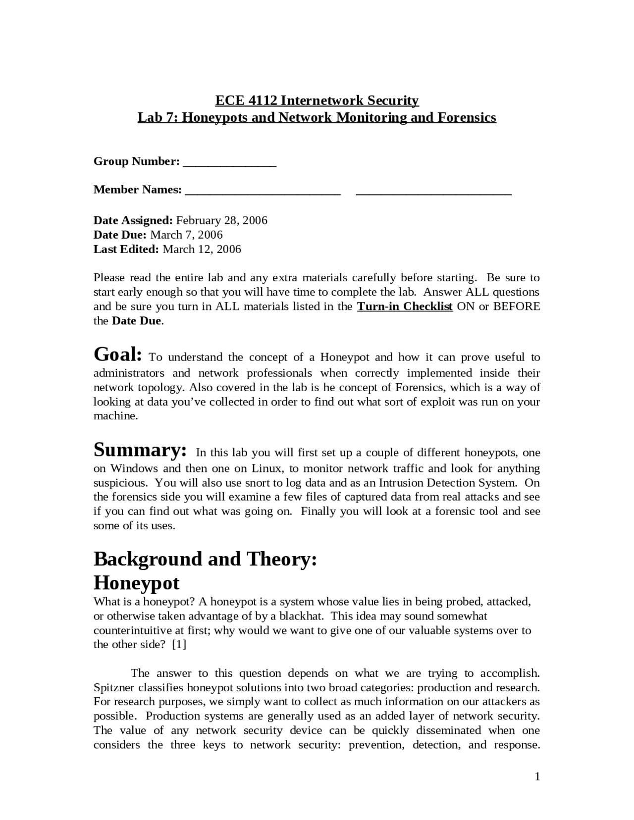 Lab 7: Honeypots and Network Monitoring and Forensics | ECE 4112 - Docsity