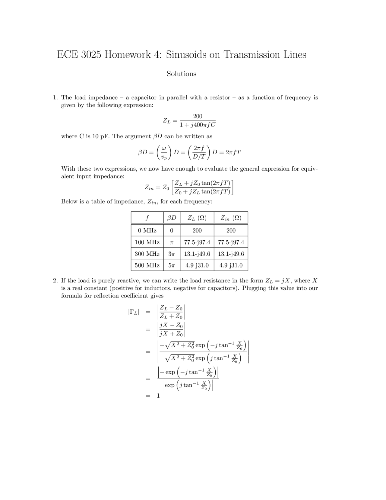 Solutions Of Homework 4 Sinusoids On Transmission Lines Ece 3025