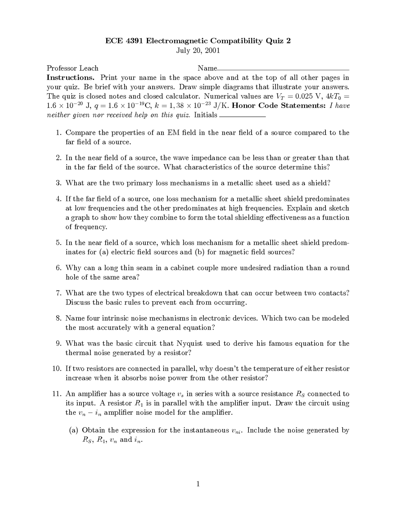 Quiz 2 Practice Questions Electromagnetic Compatibility Ece 4391