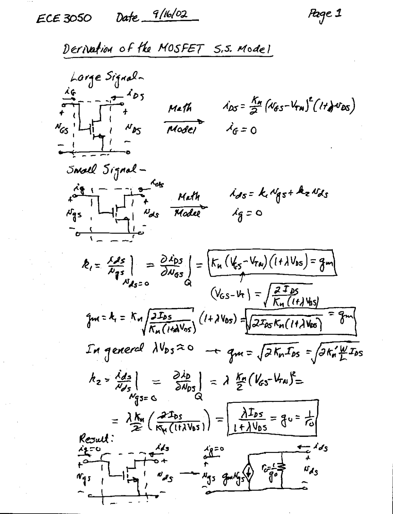 Notes On Derivation Of The Mosfet Ss Model Ece 3050 Docsity