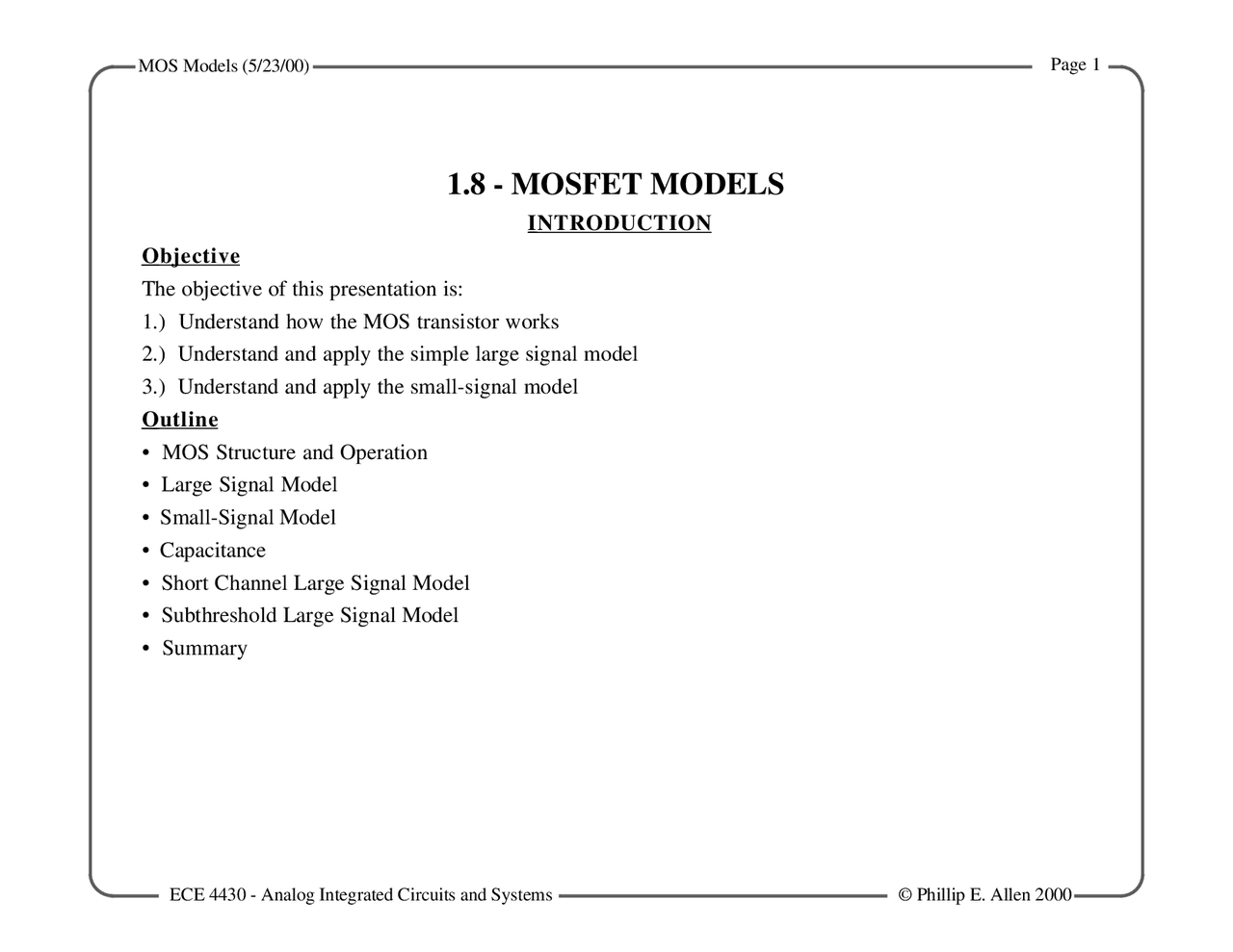 Mosfet Models Lecture Slides Ece 4430 Docsity