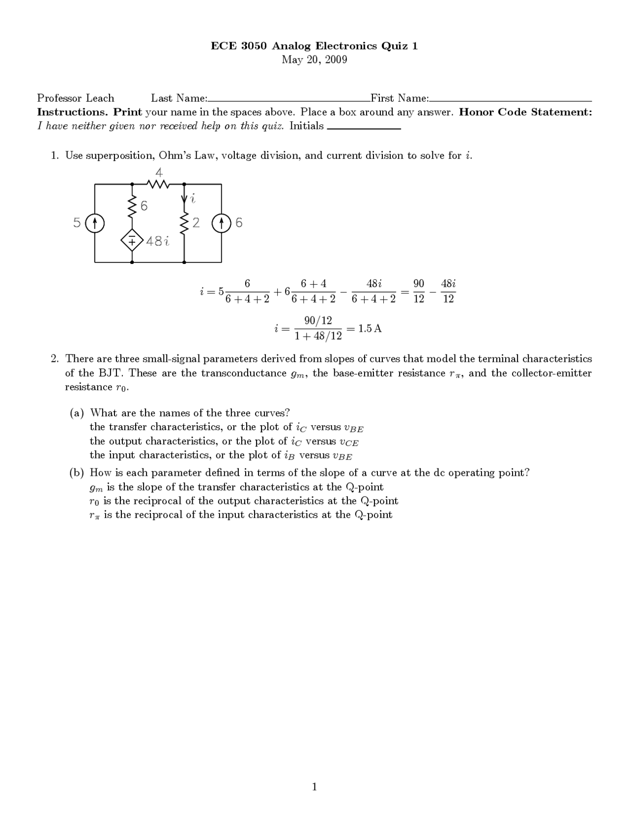 Questions For Quiz One Analog Electronics Ece 3050 Docsity