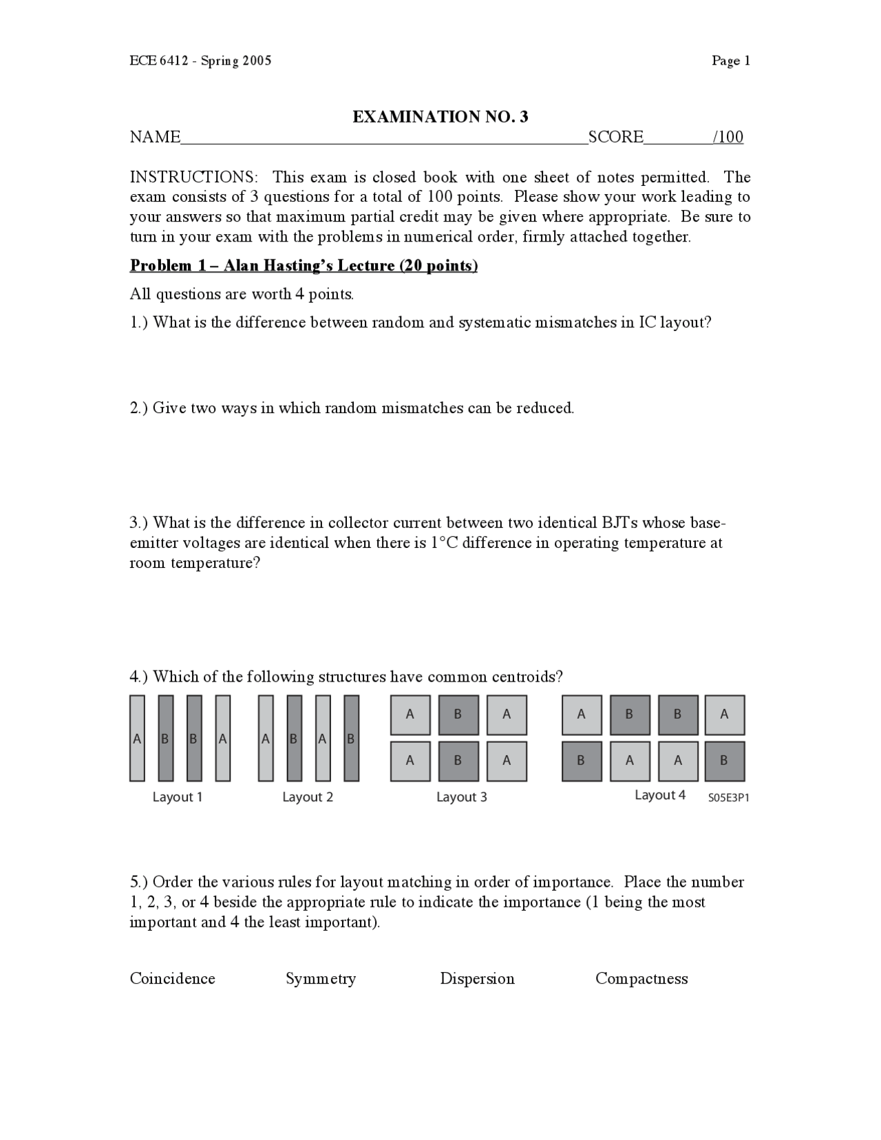 Practice Exam 3 Analog Integrated Circuit Design Ece 6412 Docsity