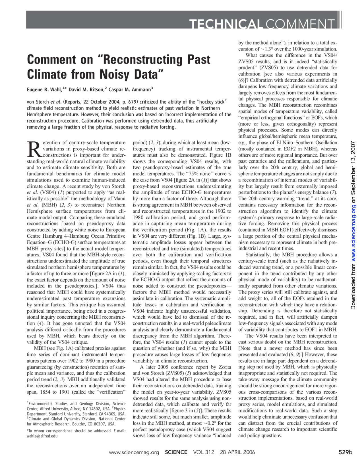 Reconstructing Past Climate from Noisy Data - Handout | EAS 8001 - Docsity