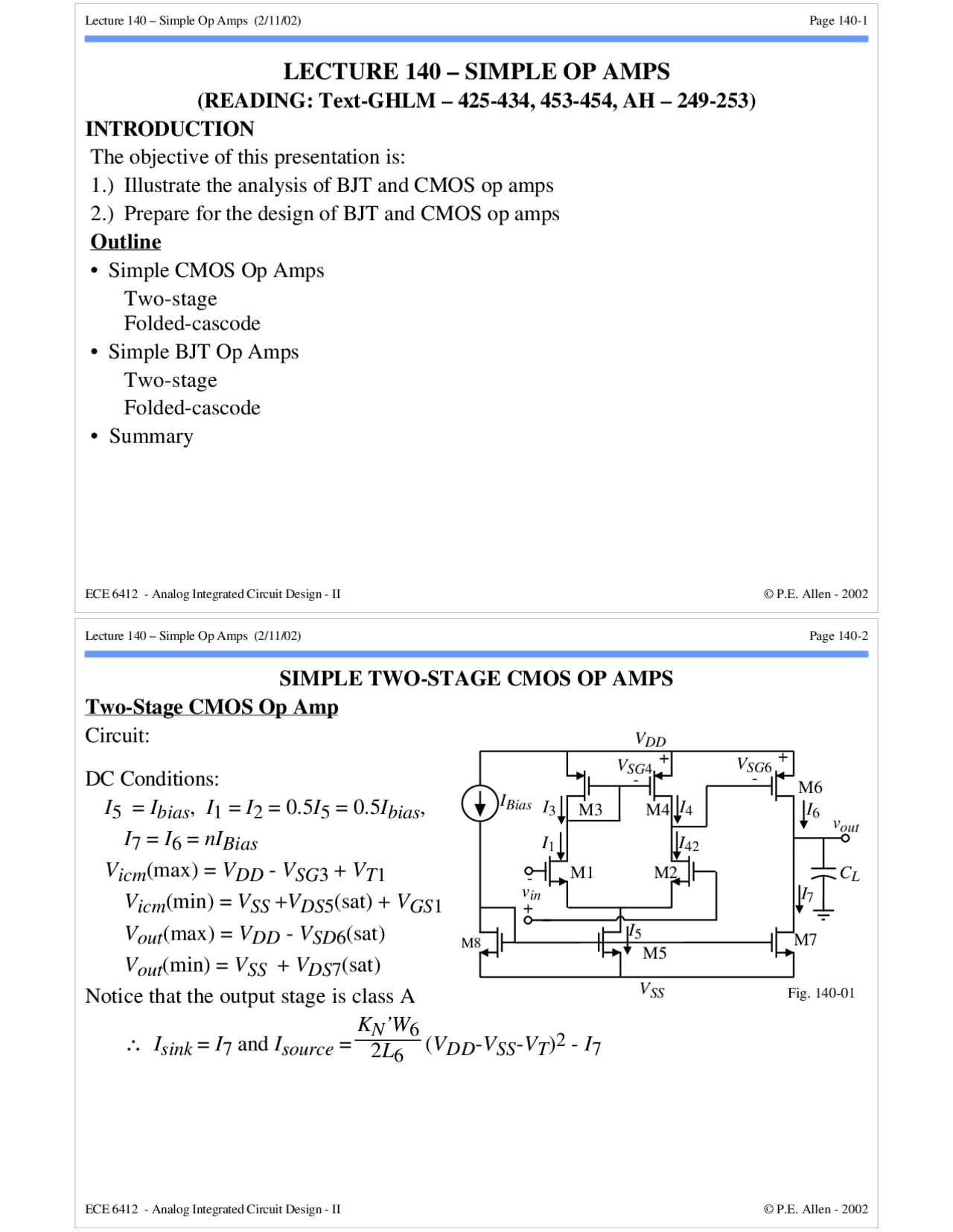 Simple Op Amps Lecture Slides Analog Integrated Circuit Design