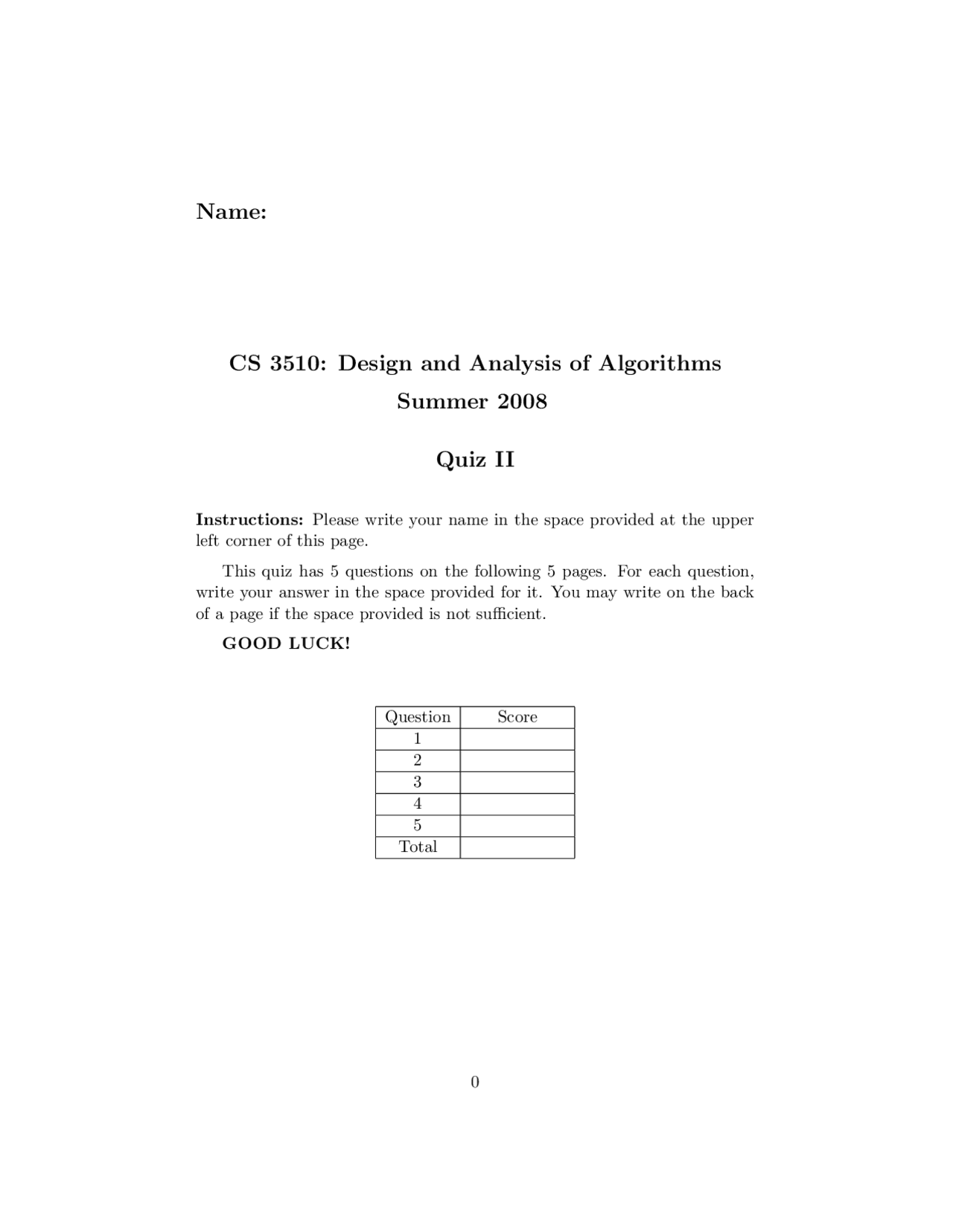 Quiz With Solution Design And Analysis Of Algorithms Cs 3510 Docsity