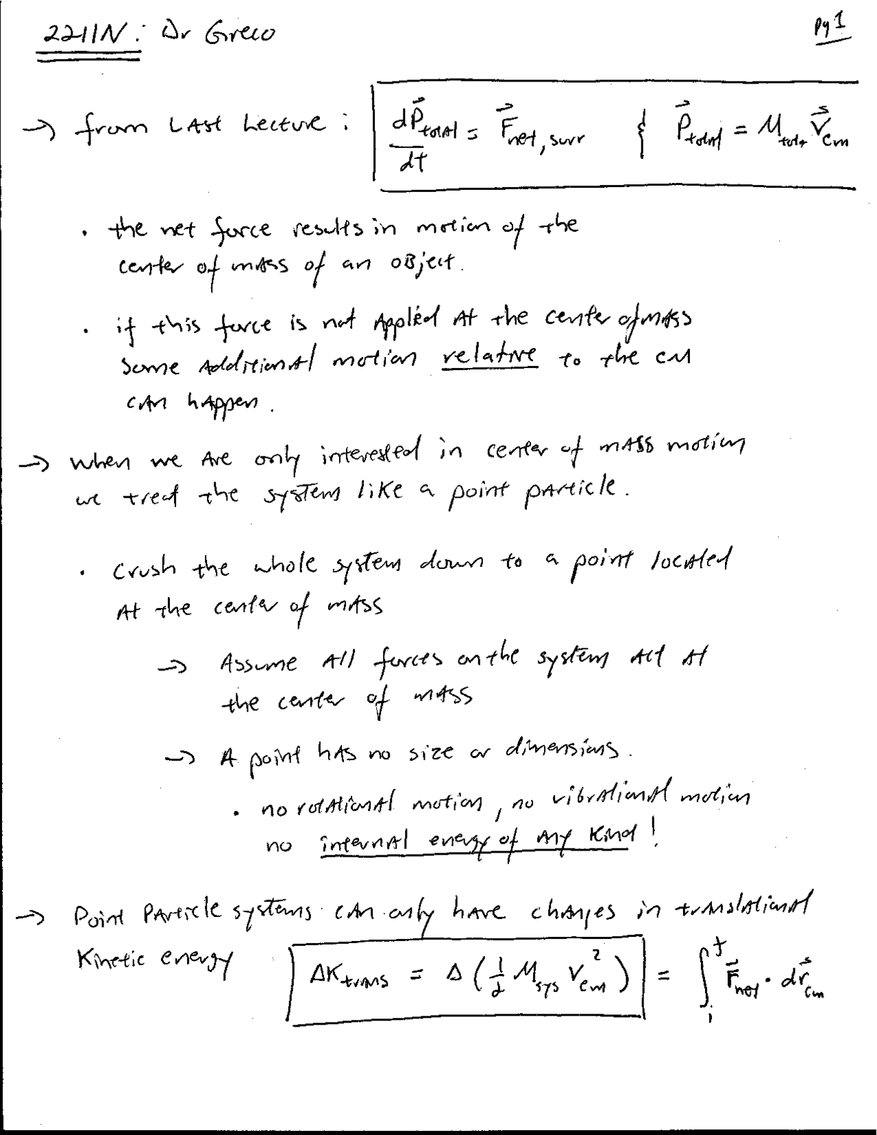 Handwritten Notes On Net Force In Center Of Mass Motion Phys 2211