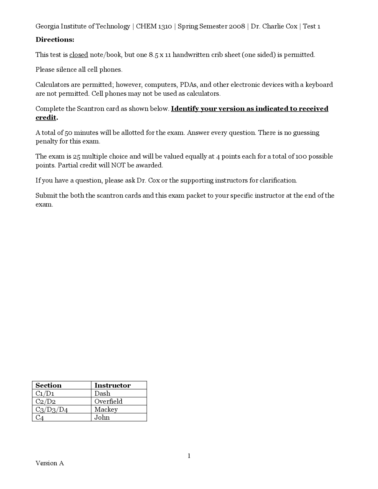 Test I With Solutions For General Chemistry Chem 1310 Docsity